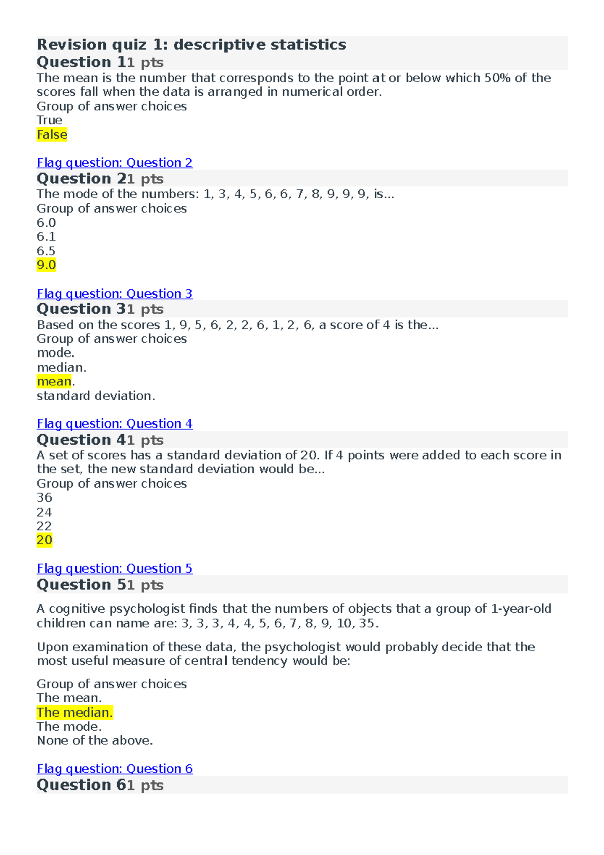 Descriptive Stats Practice Quiz Q&A for PSY 101 - Studocu