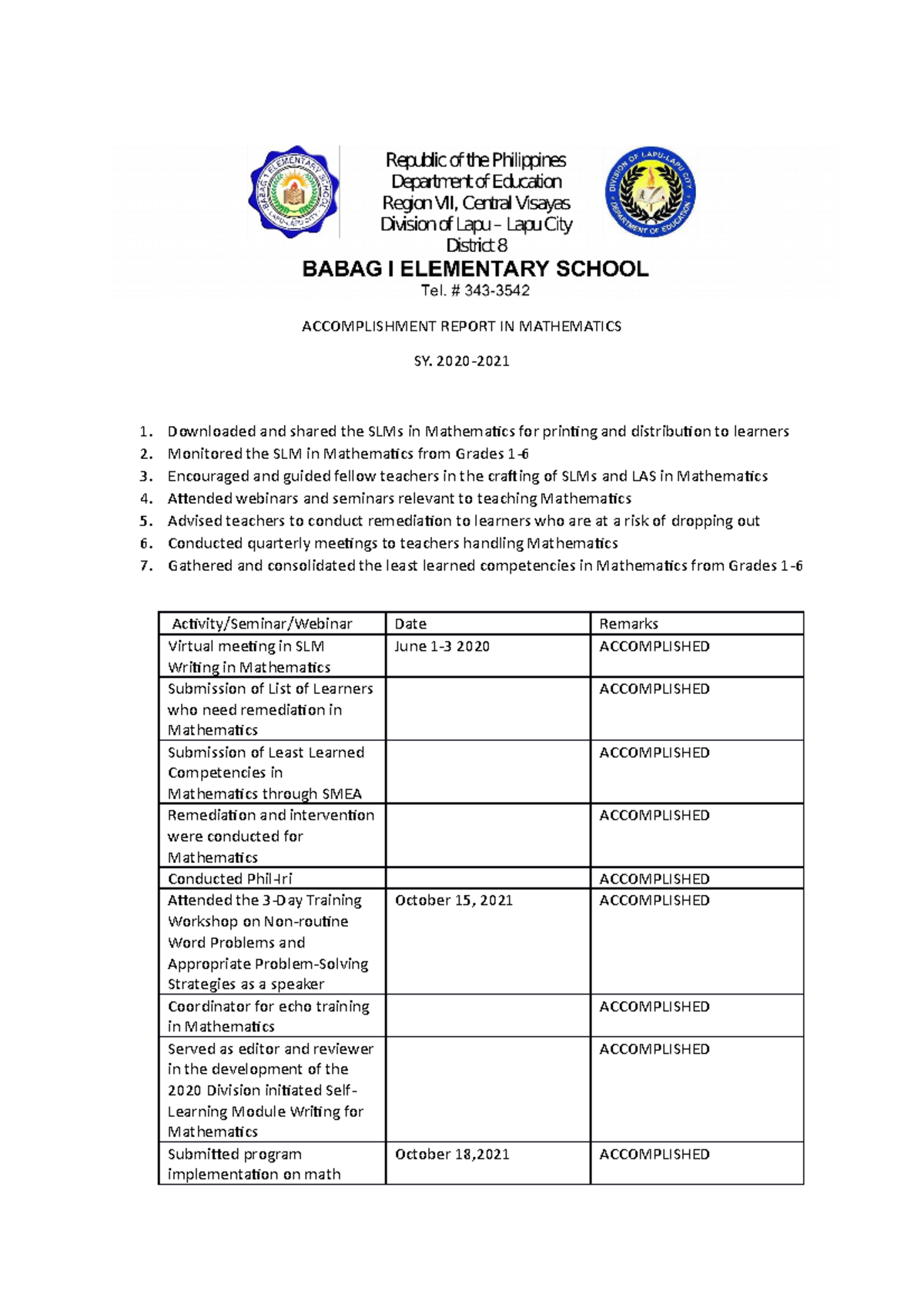 Accomplishment Report IN Mathematics - ACCOMPLISHMENT REPORT IN ...