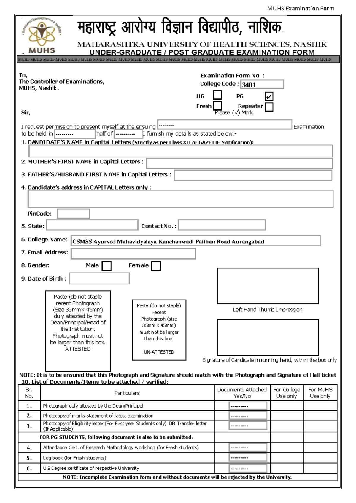 MUHS Examination Form Submission Guidelines for UG/PG Students - Studocu