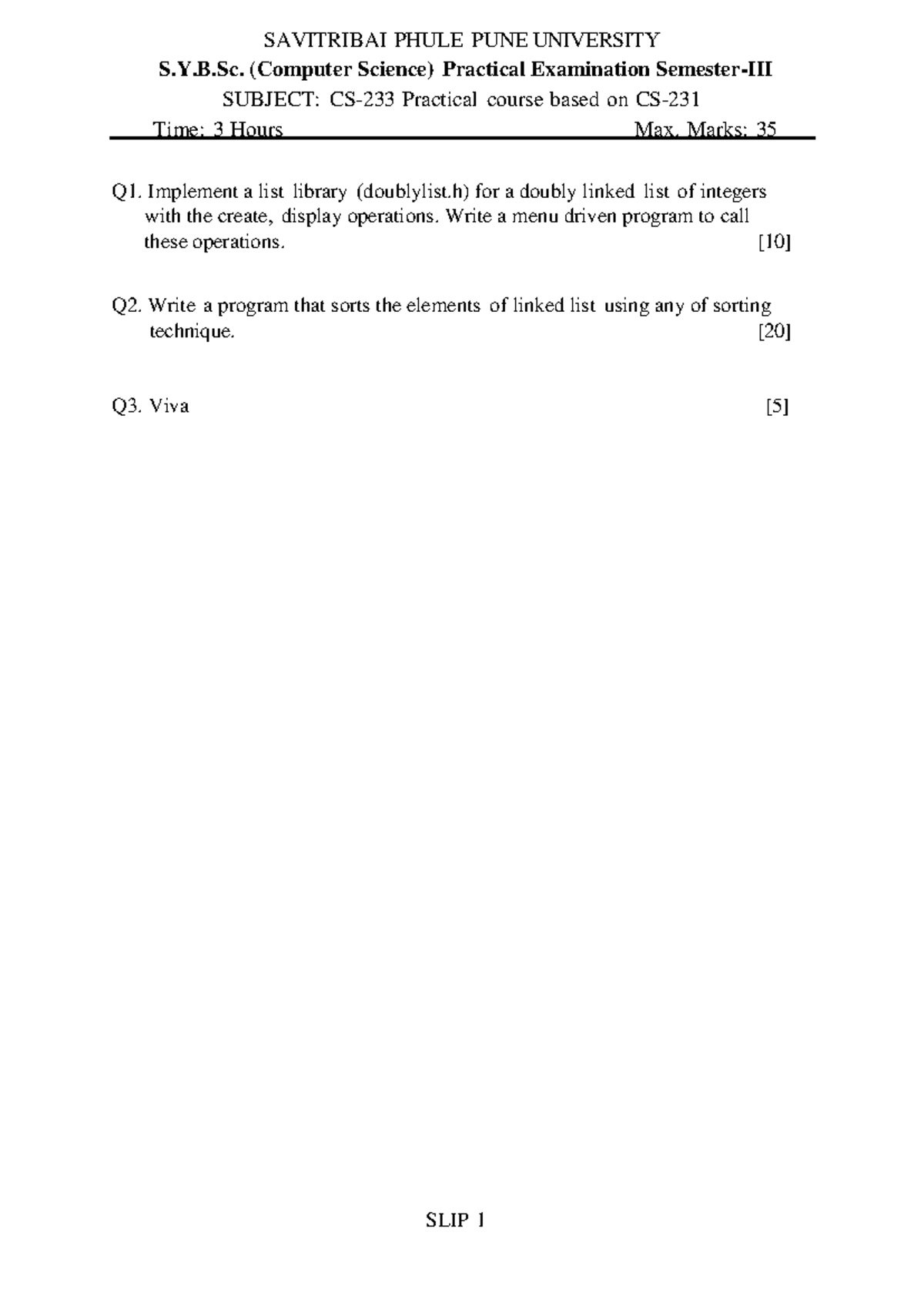 Sybcs-SEM III-CS-233 Practical Exam Slips for Computer Science - Studocu