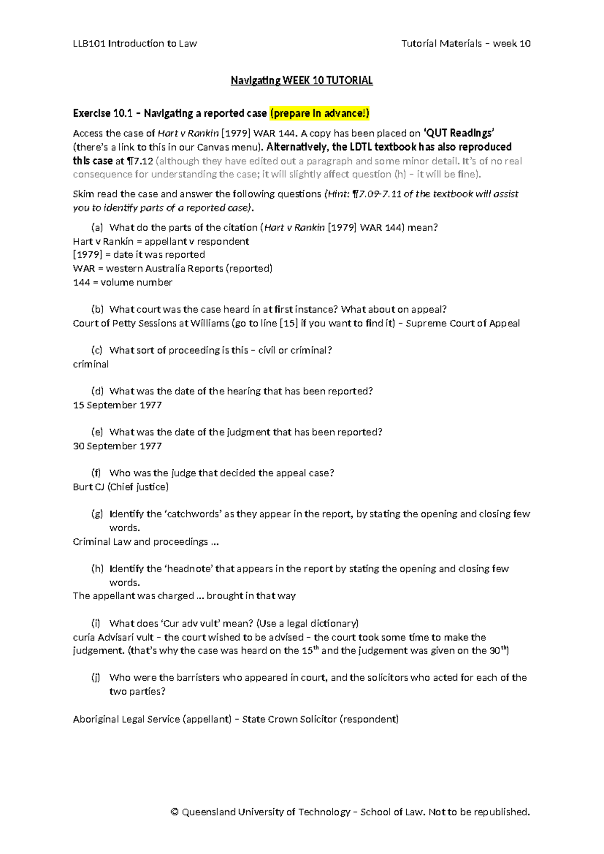 LLB101 Week 10 Tutorial: Hart v Rankin Case Analysis & Notes - Studocu