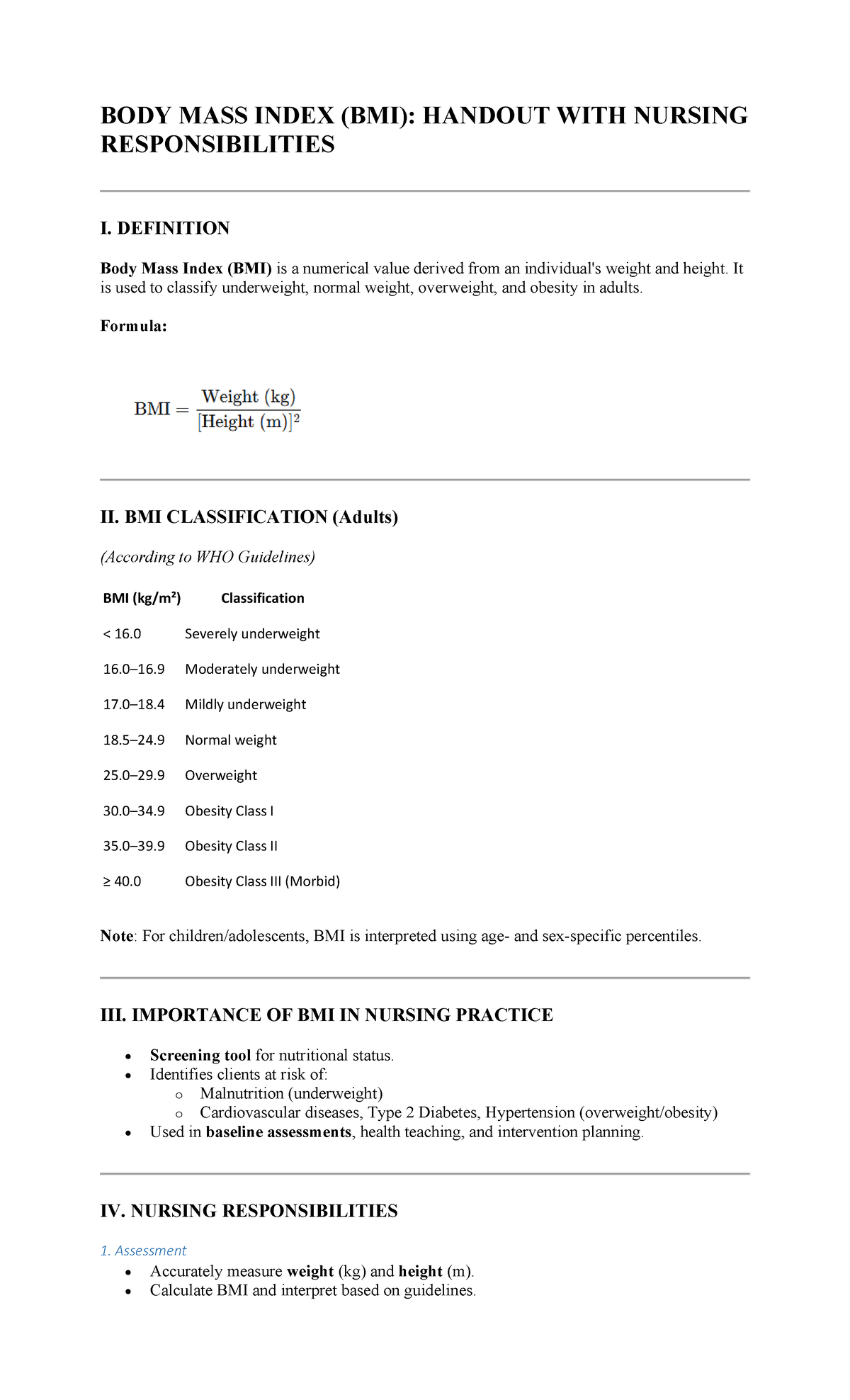 MCN2-RLE: Body Mass Index (BMI) Nursing Responsibilities and Guidelines ...