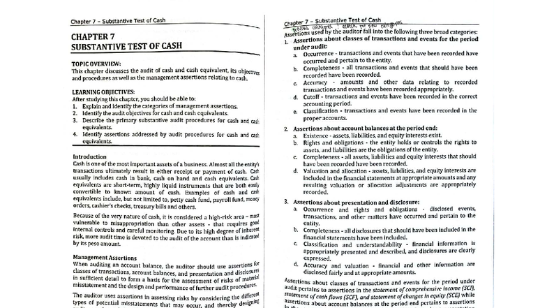 Chapter 7: Substantive Tests of Cash and Management Assertions - Studocu
