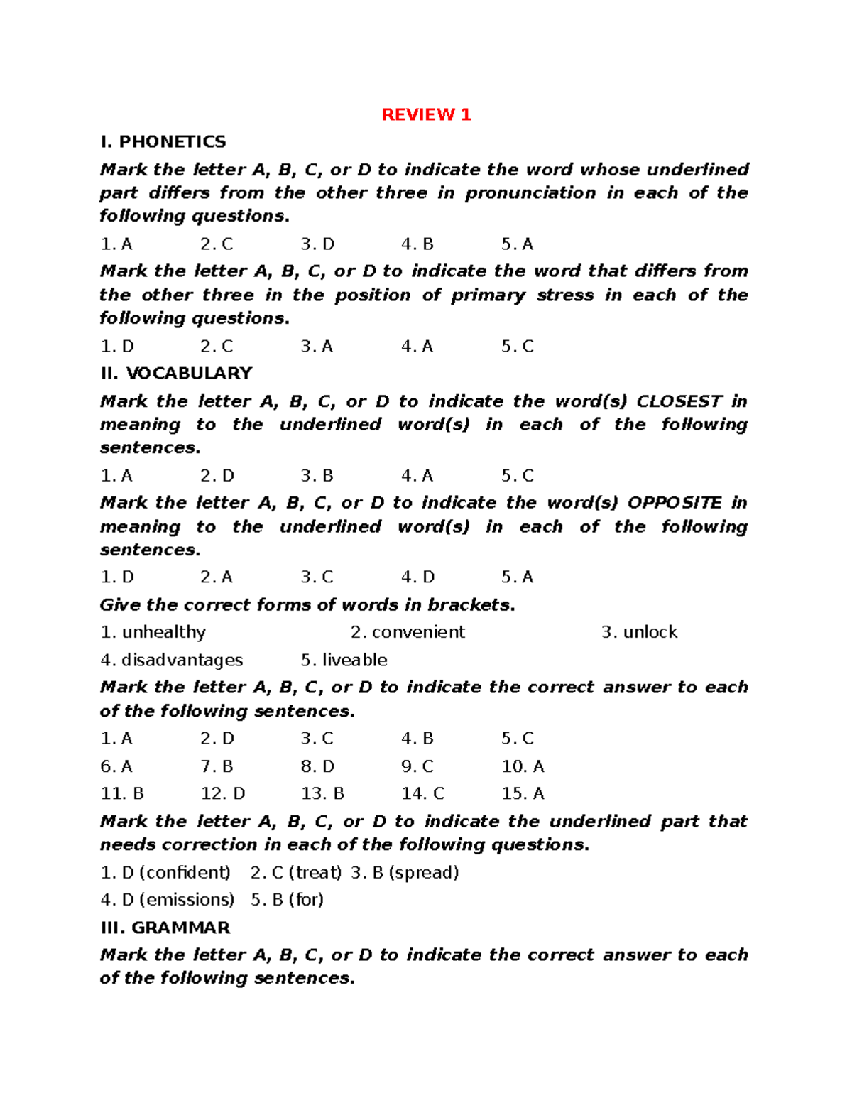 REVIEW 1: PHONETICS & VOCABULARY ANSWER KEY - Studocu