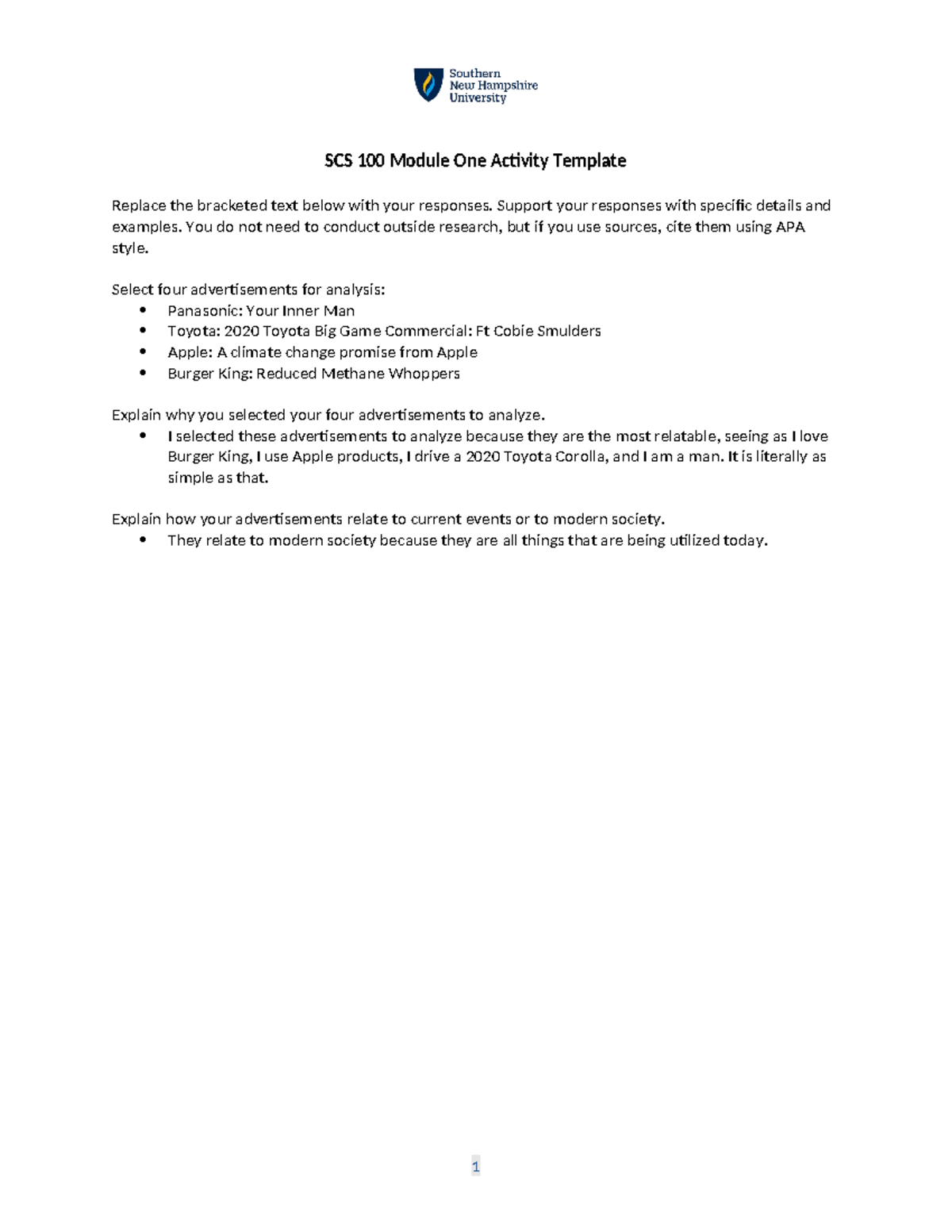 SCS100Module One Activity - Support your responses with specific ...