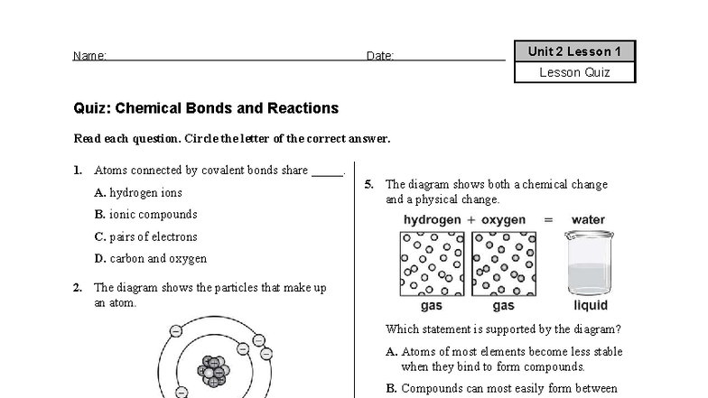 BIO AG U2 Lesson 1 Quiz: Chemical Bonds & Reactions - Studocu