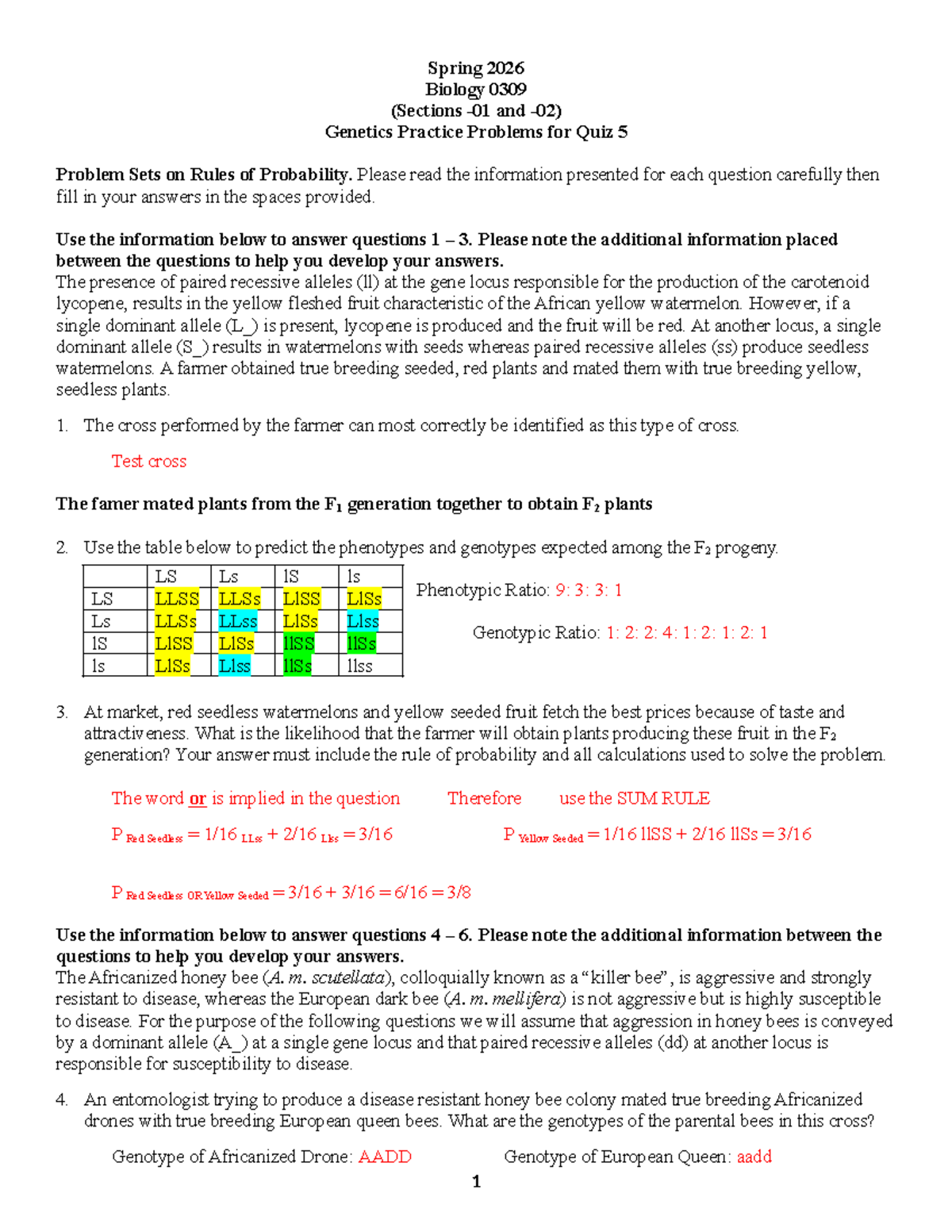 Spring 2026 Biology 0309: Quiz 5 Practice Problems on Genetics and ...