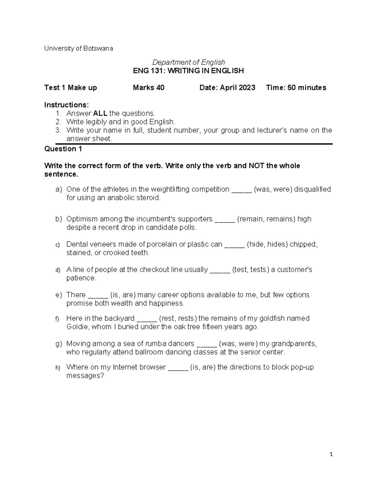 ENG 131: Writing in English Test 1 - April 2023 - Studocu