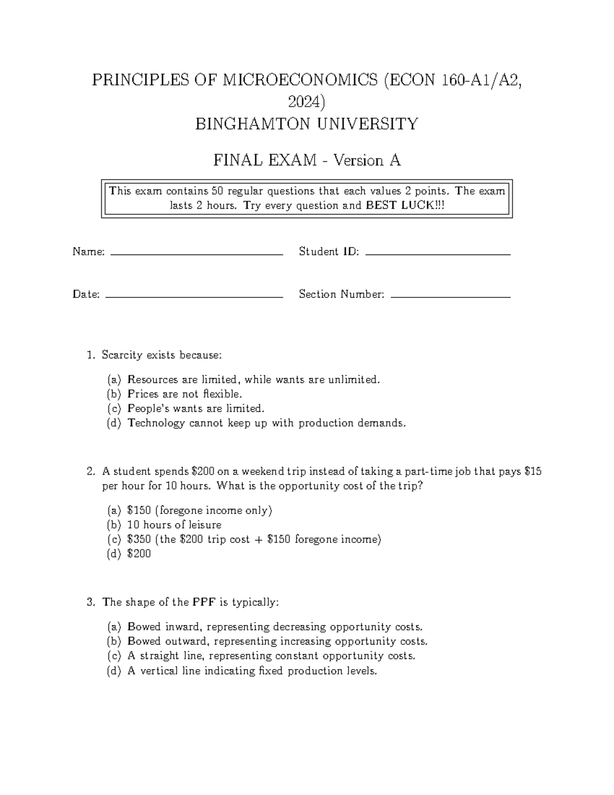 PRINCIPLES OF MICROECONOMICS (ECON 2024) FINAL EXAM Version A Review ...