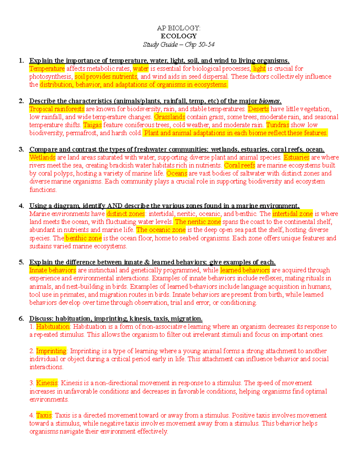 AP BIOLOGY: UNIT 7 Ecology Study Guide and Key Concepts - Studocu