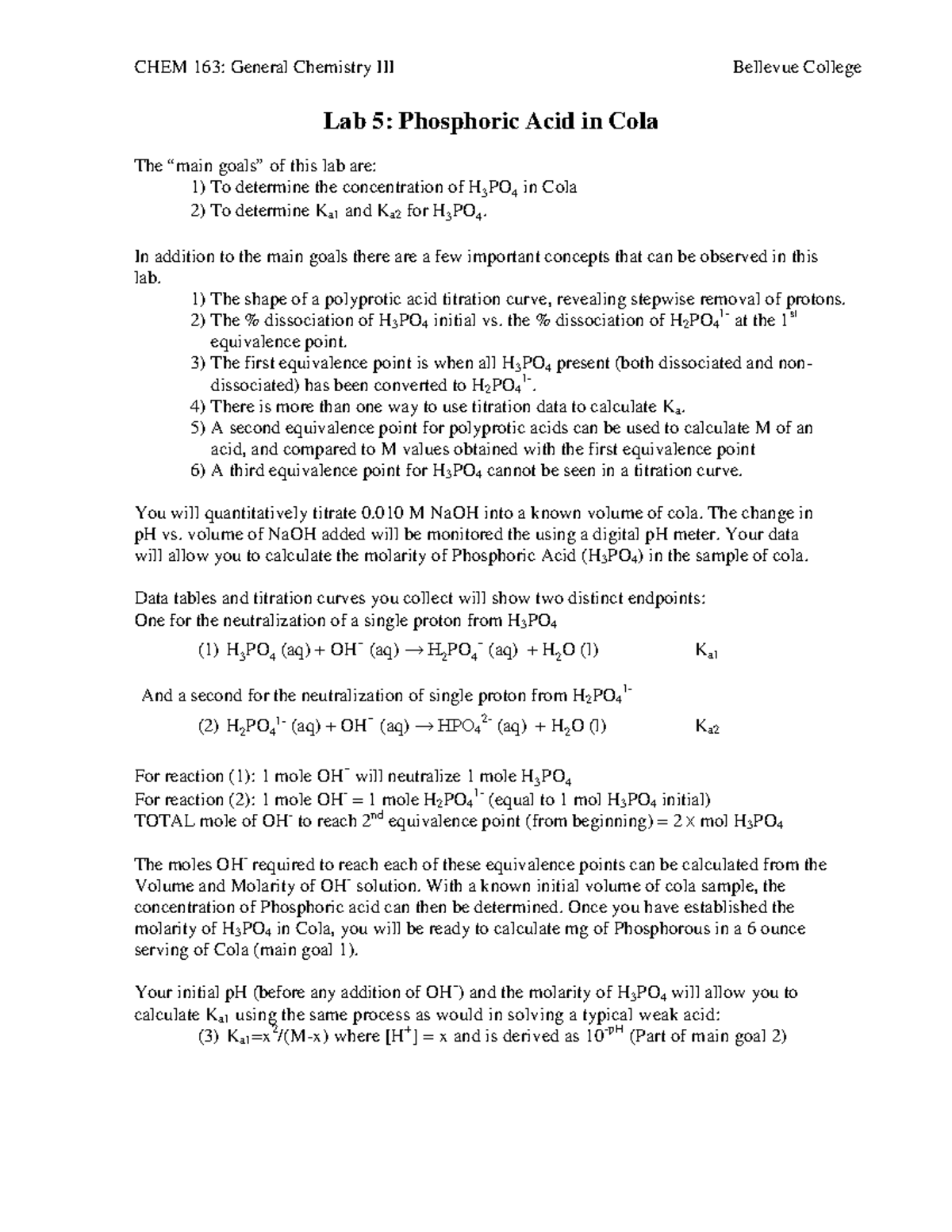 Lab 5: Titration Analysis of Phosphoric Acid in Cola - Lab Report - Studocu