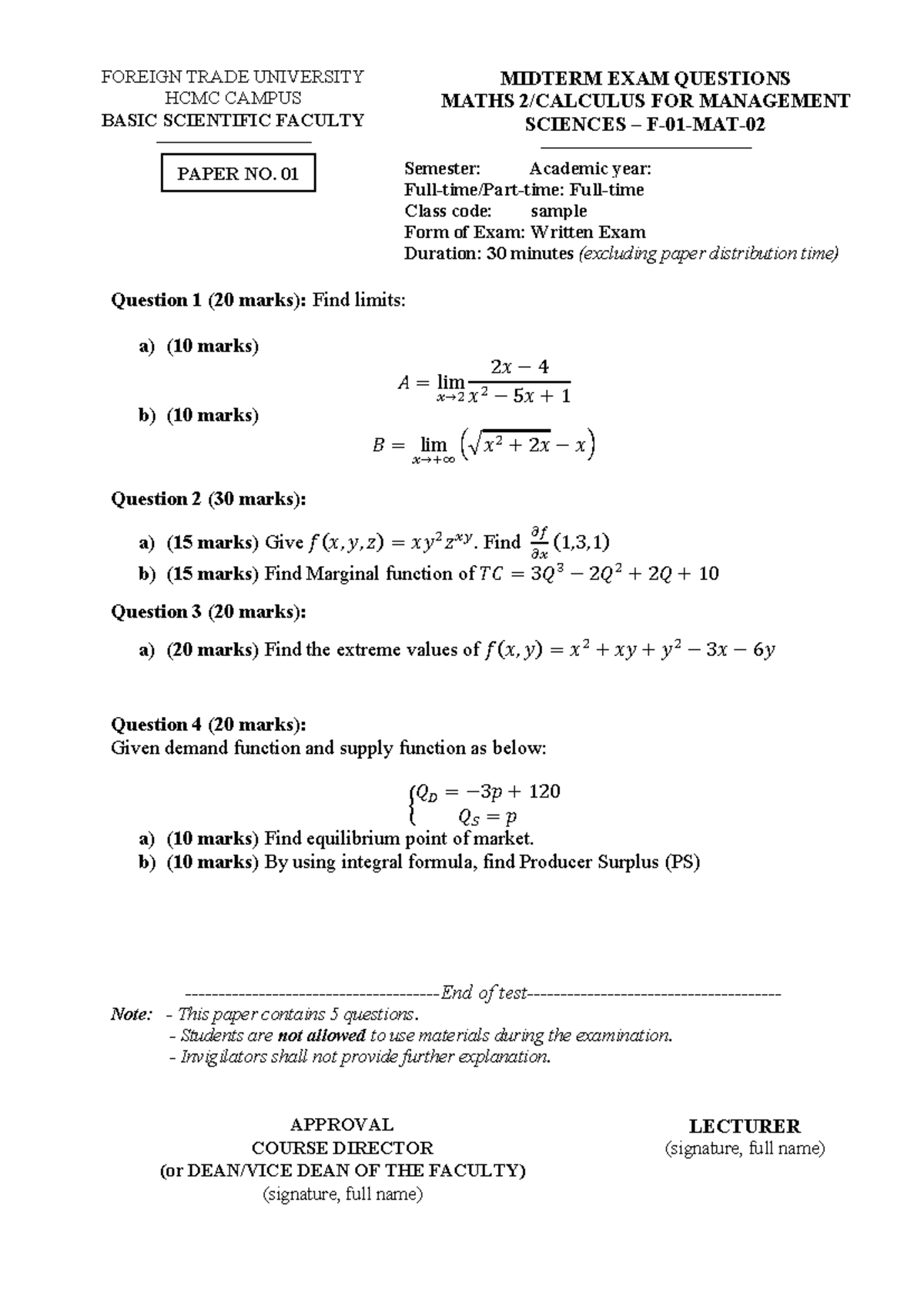 MATH2 Midterm Exam Sample Questions for Management Sciences - Studocu
