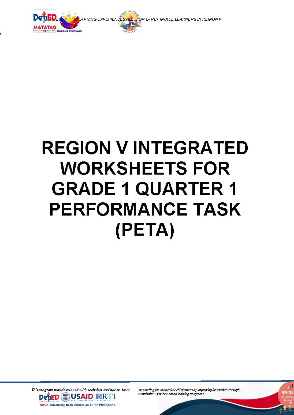 Q1 PETA Worksheets for Grade 1 Learners in Region V - Studocu