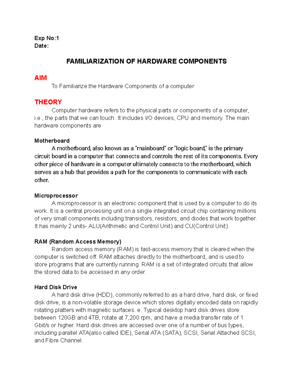 Exp 1 - C Program: Familiarization with Computer Hardware Components - Studocu