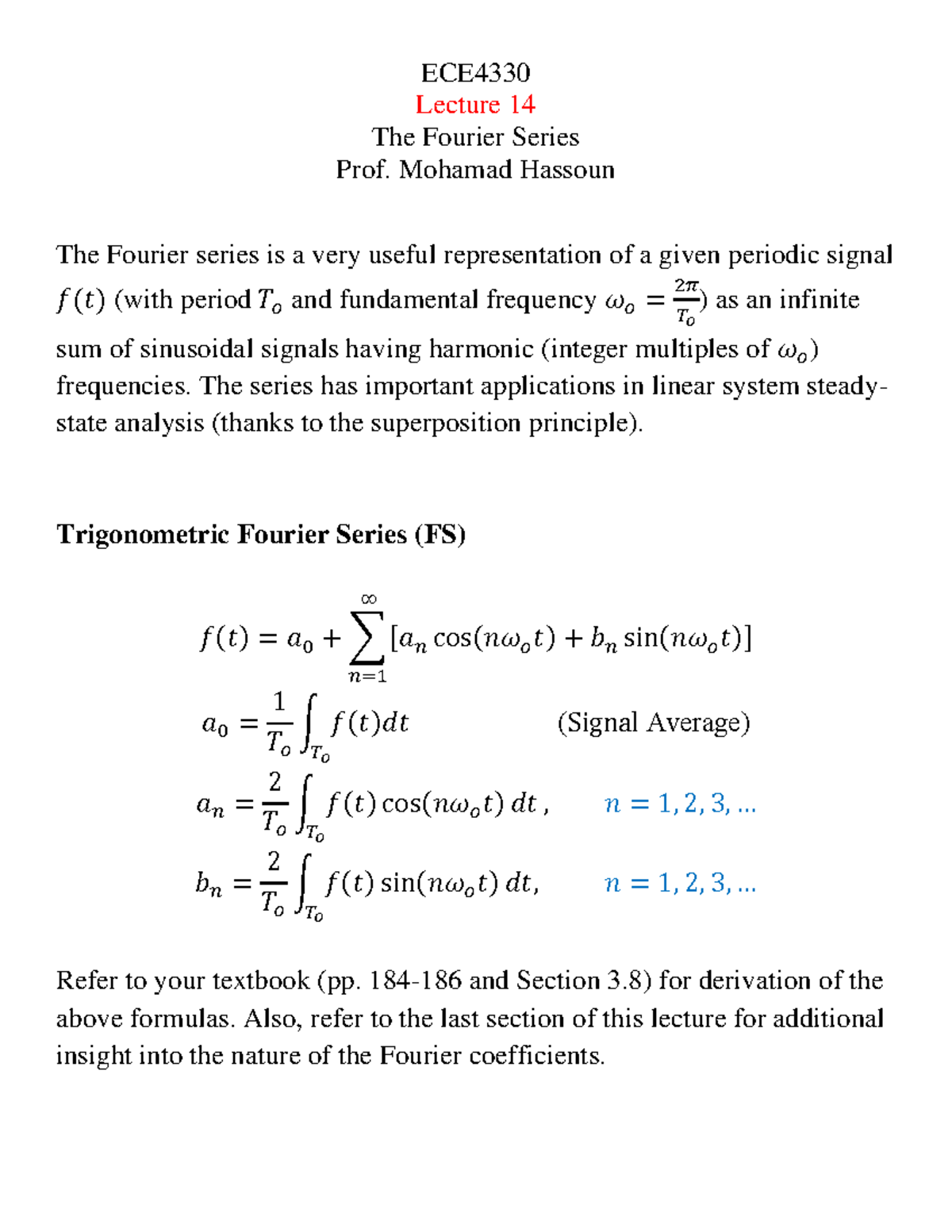 Lecture 14 ece4330t - Fourier Series introduction Notes - ECE Lecture ...