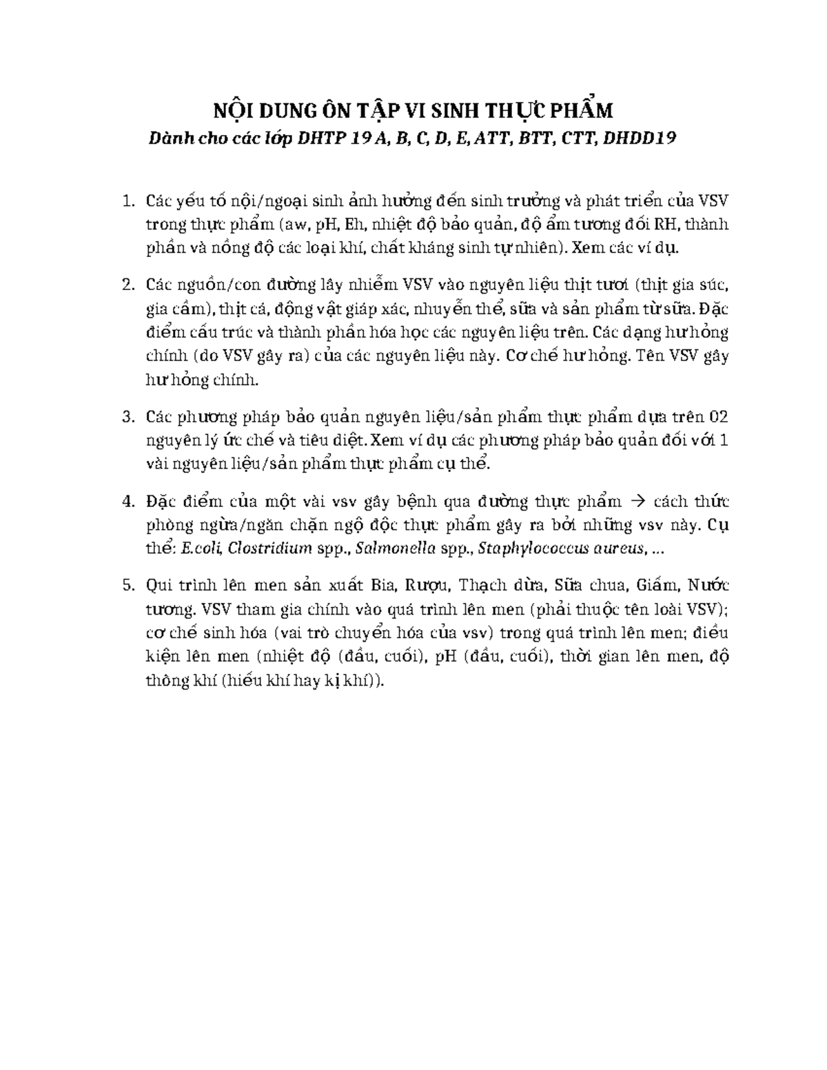 Nội Dung Ôn Tập VSTP-K19: Vi Sinh Thực Phẩm và Phương Pháp Bảo Quản ...