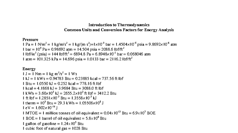 Thermodynamics Units & Conversion Factors for Energy Analysis - Studocu