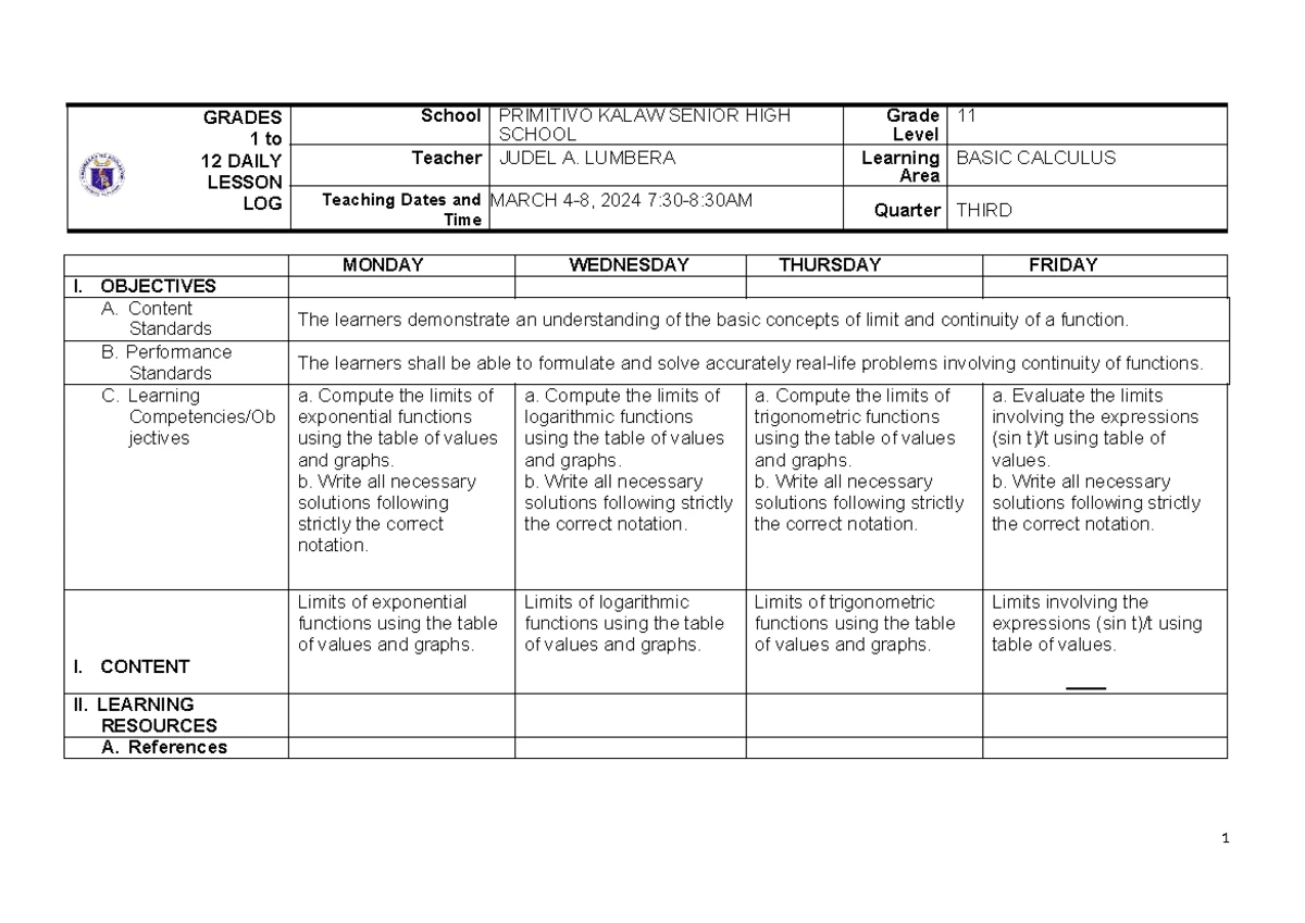 Basic Calculus Lesson Plan for Grade 11 - Week 1 DLP - Studocu