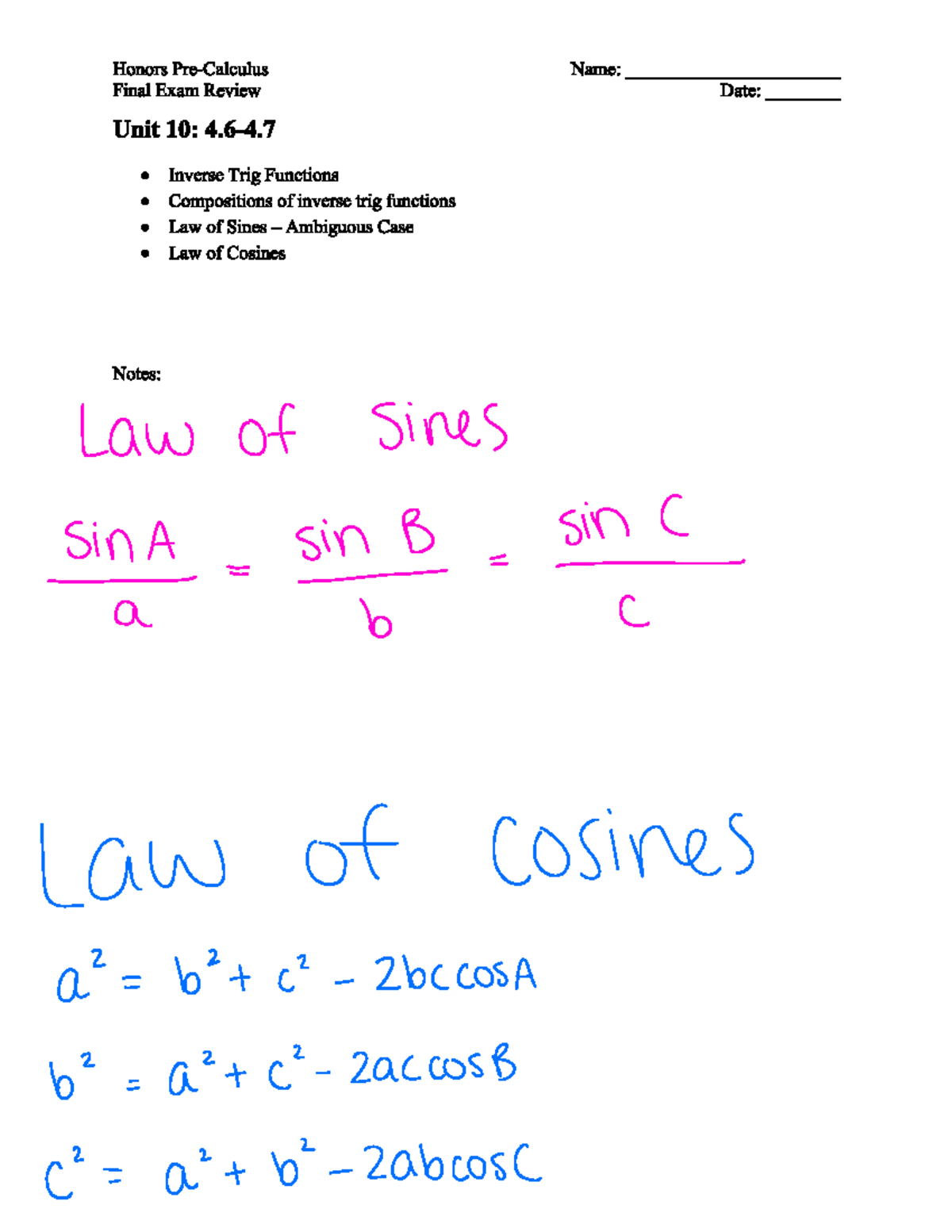 Honors MATH 101: Final Exam Review on Inverse Trig Functions & Laws ...
