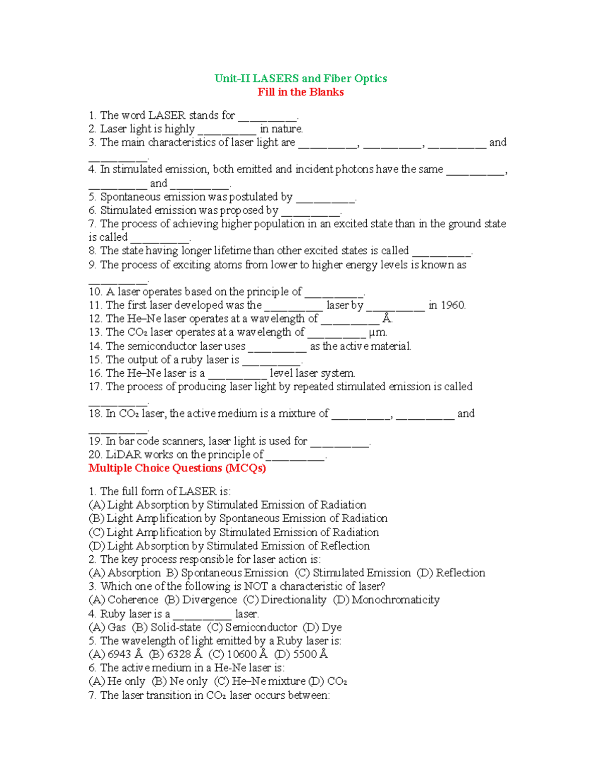 Unit-II LASERS & Fiber Optics Question Bank for Internal Exams - Studocu