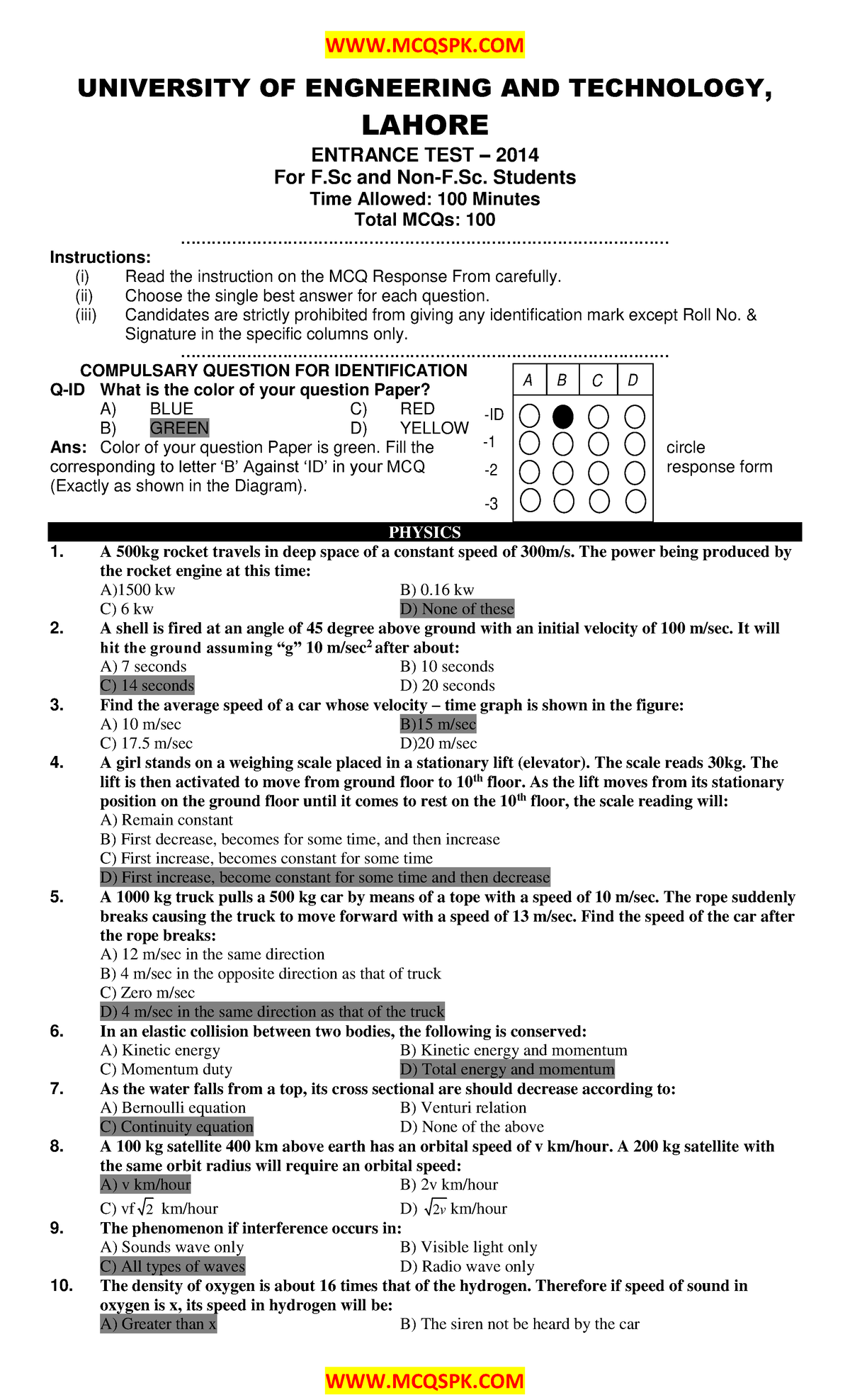 ECAT 2014 Past Paper: Entrance Test for F.Sc Students - Studocu