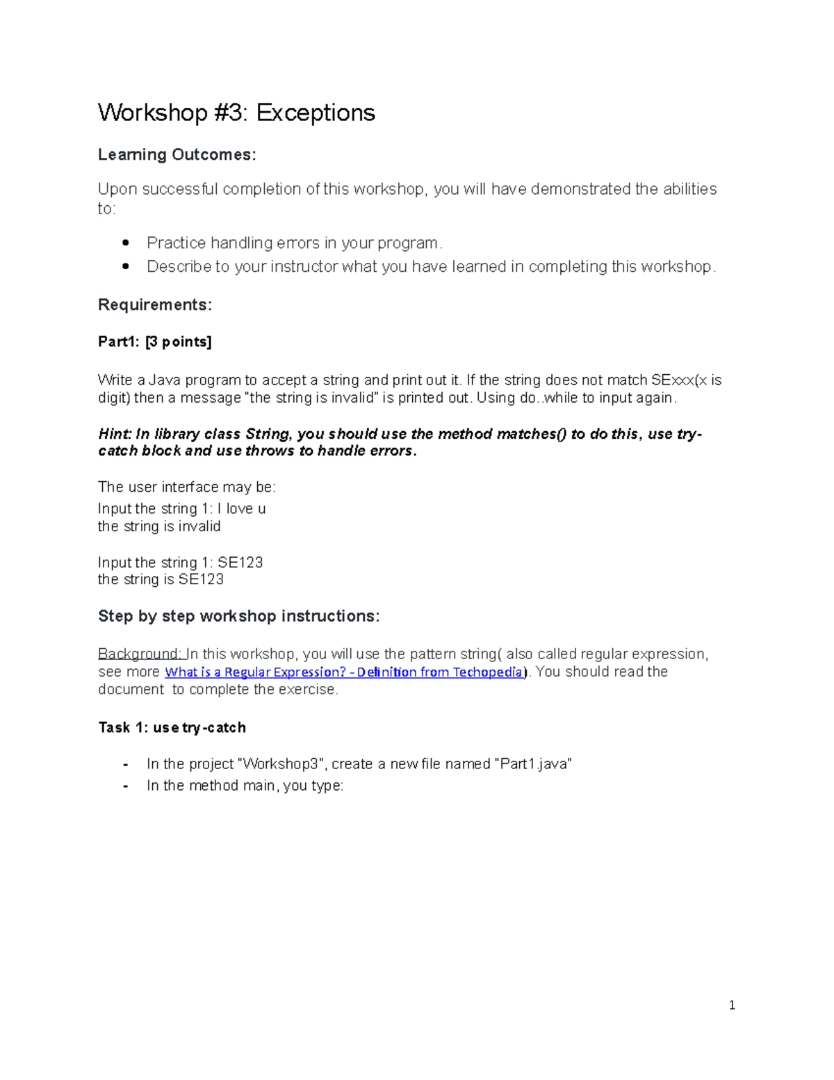 Workshop 3 - abc - Workshop #3: Exceptions Learning Outcomes: Upon successful completion of this ...