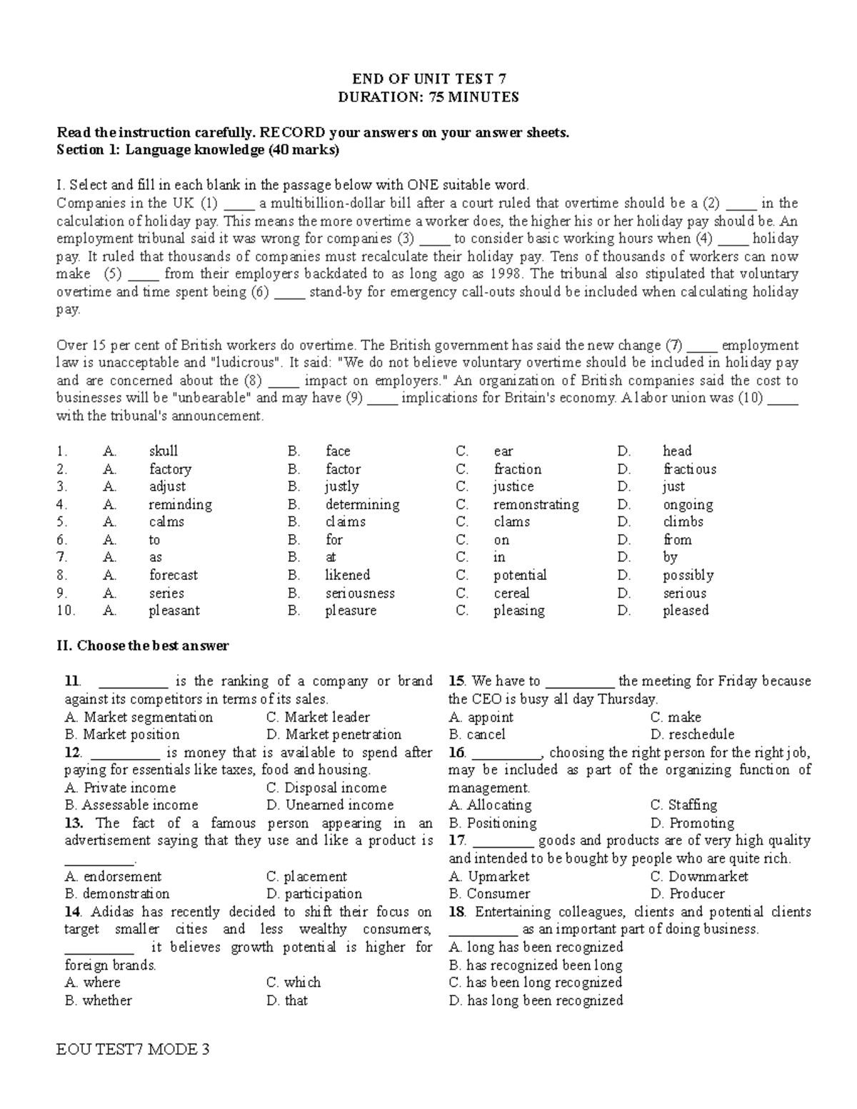 END OF UNIT TEST 7: LANGUAGE KNOWLEDGE & USE (75 MINUTES) - Studocu