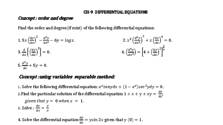 DIFFERENTIAL EQUATIONS: Order, Degree & Solving Methods (MATH 12) - Studocu