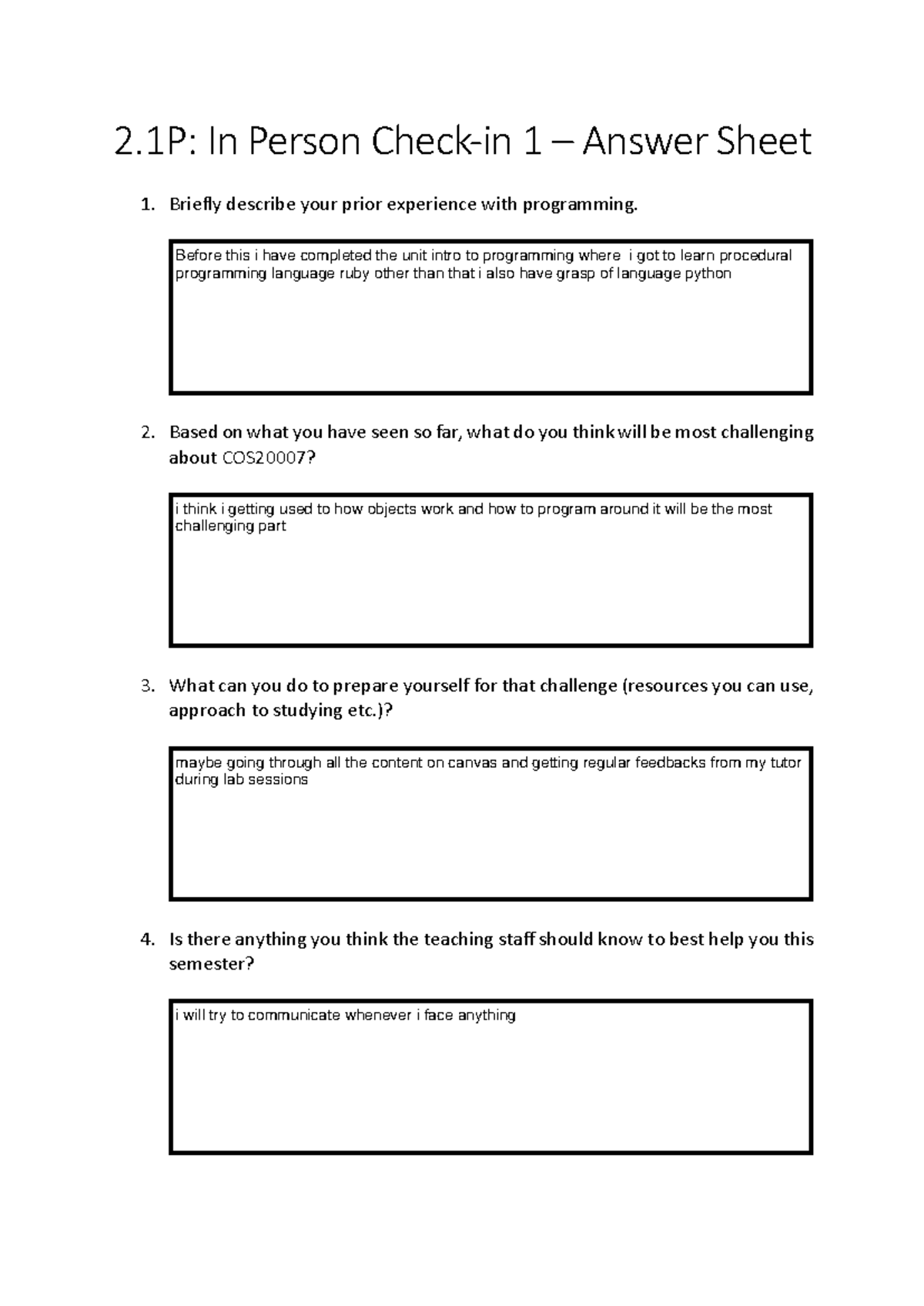 COS20007 - In Person Check-in 1 - Tools Answer Sheet Responses - Studocu