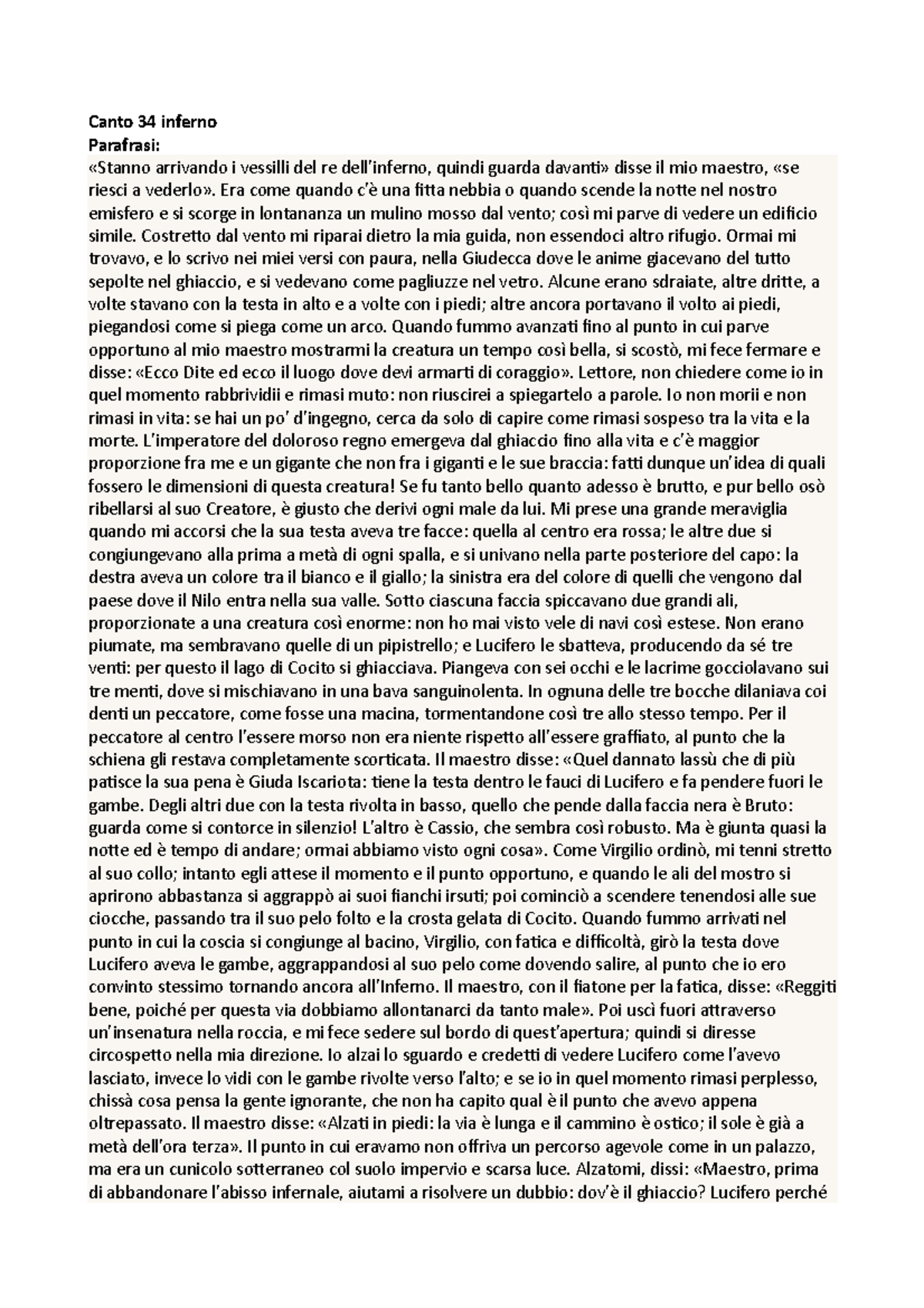 Canto 34 Inferno: Approfondimento e Parafrasi - Studocu