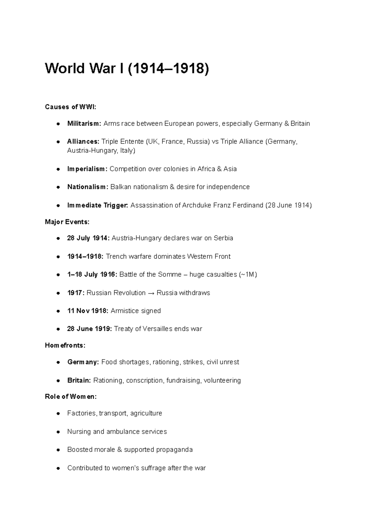 WWI Causes & Major Events: 1914-1918 Overview - Studocu