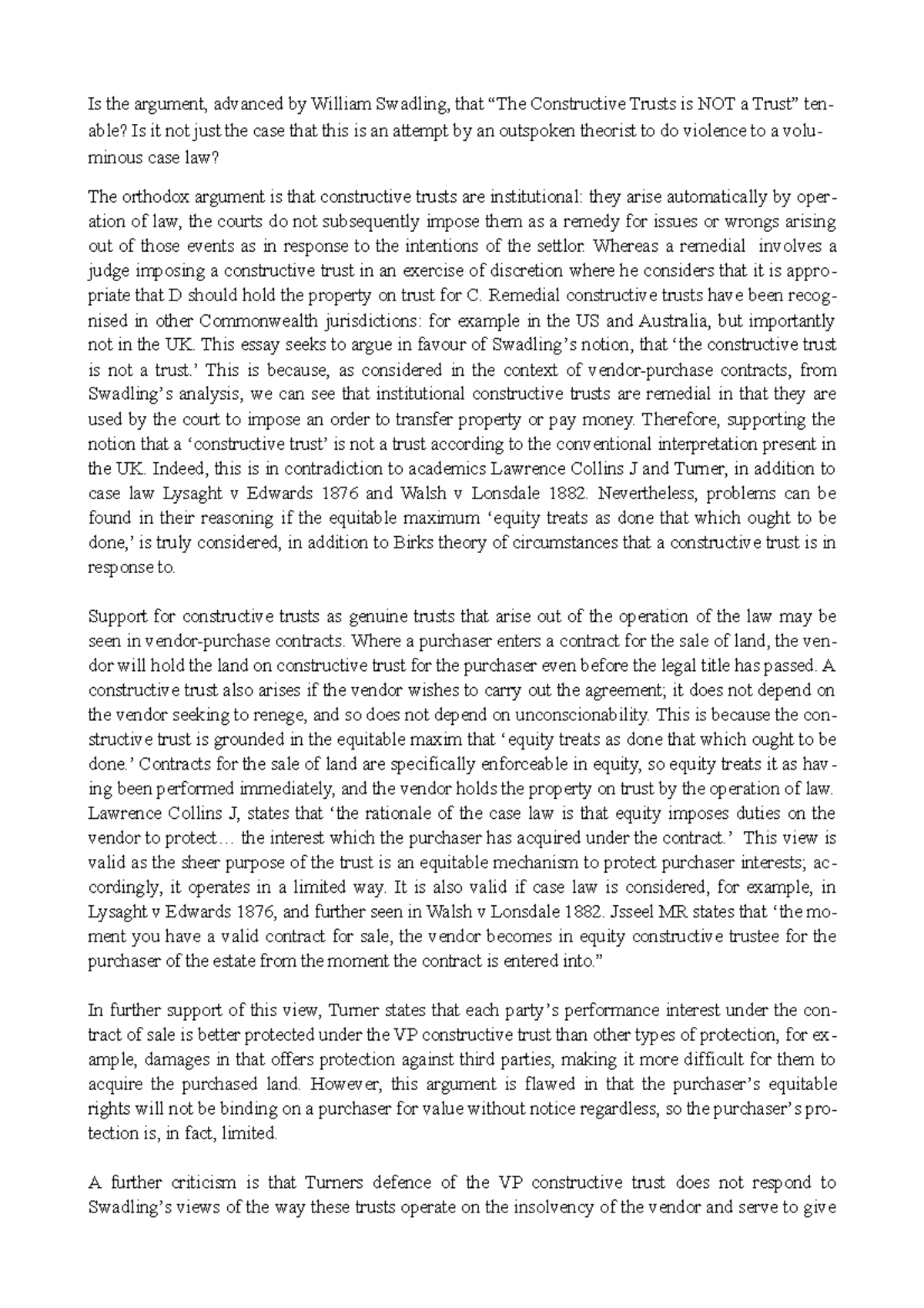Constructive Trusts: Analyzing Swadling's Argument (Law & Equity Essay ...