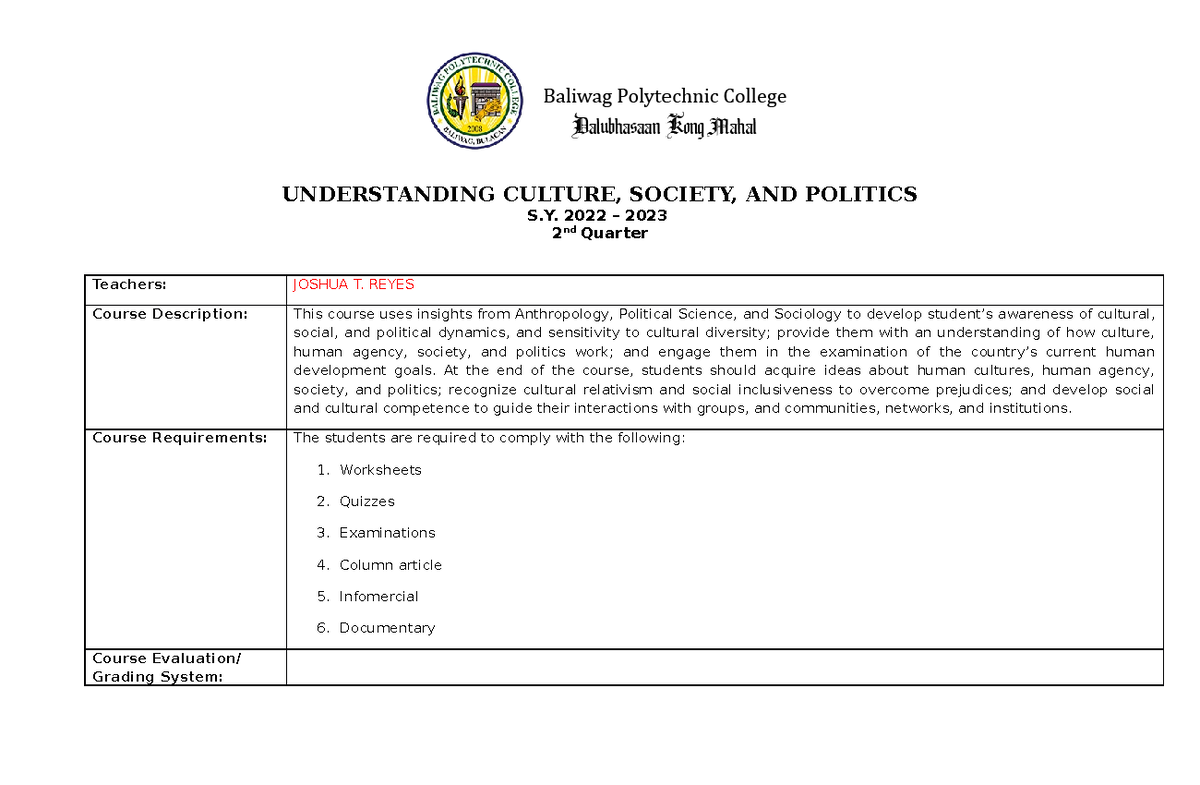 Curriculum Map for UCSP 2022-2023: Understanding Culture & Society ...