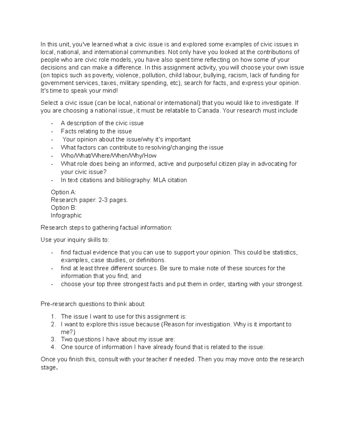 CIVIC 202: Research Assignment on Local and Global Civic Issues - Studocu