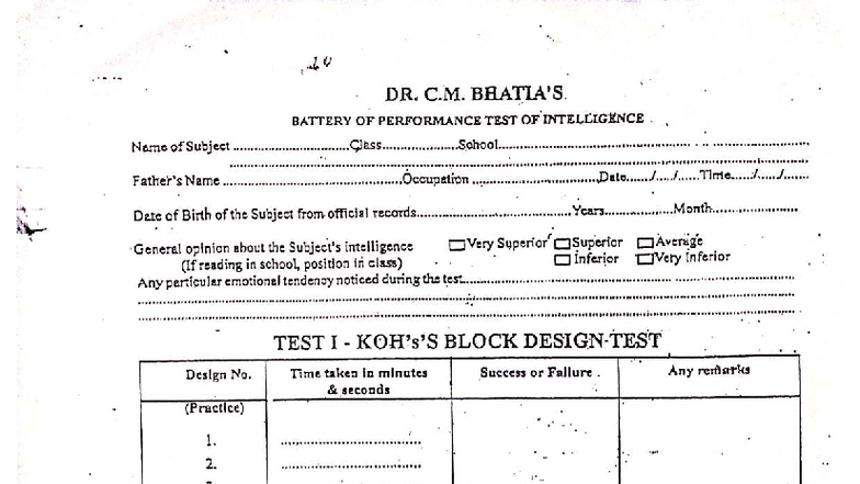 Bhatia's Battery Performance Test Questionnaire - Dr. C.M. - Studocu