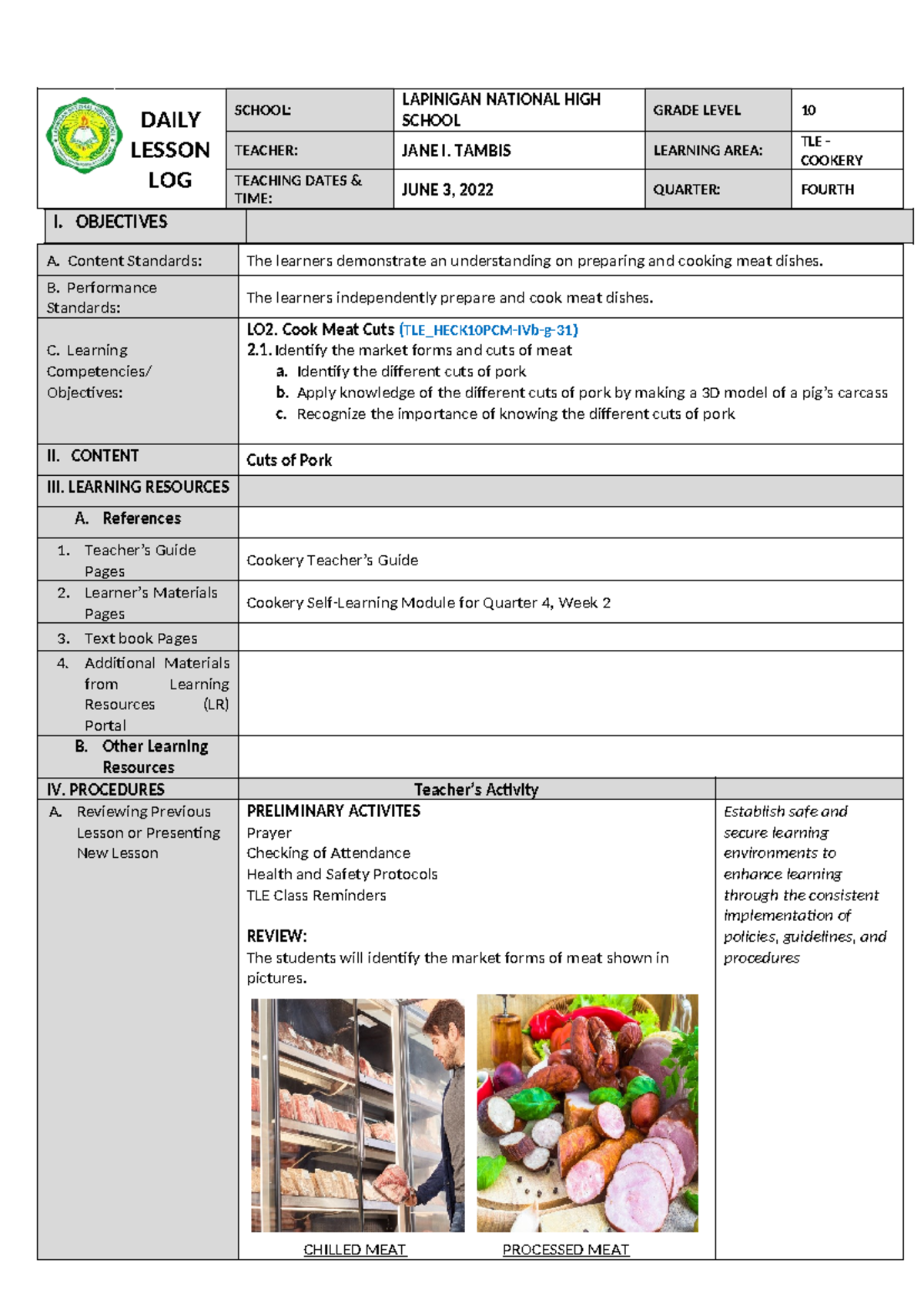 DLL CO2: Cuts of Meat for TLE Cookery - Grade 10 Lesson Plan - Studocu