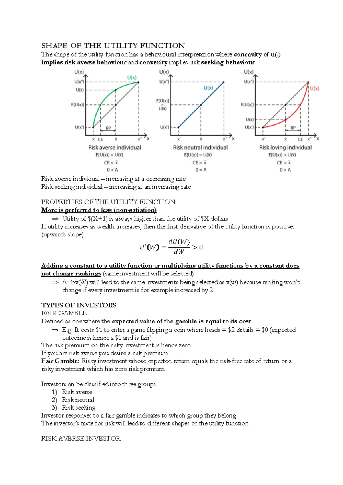 Risk Aversion Overview: Understanding Utility Function Shapes - Studocu