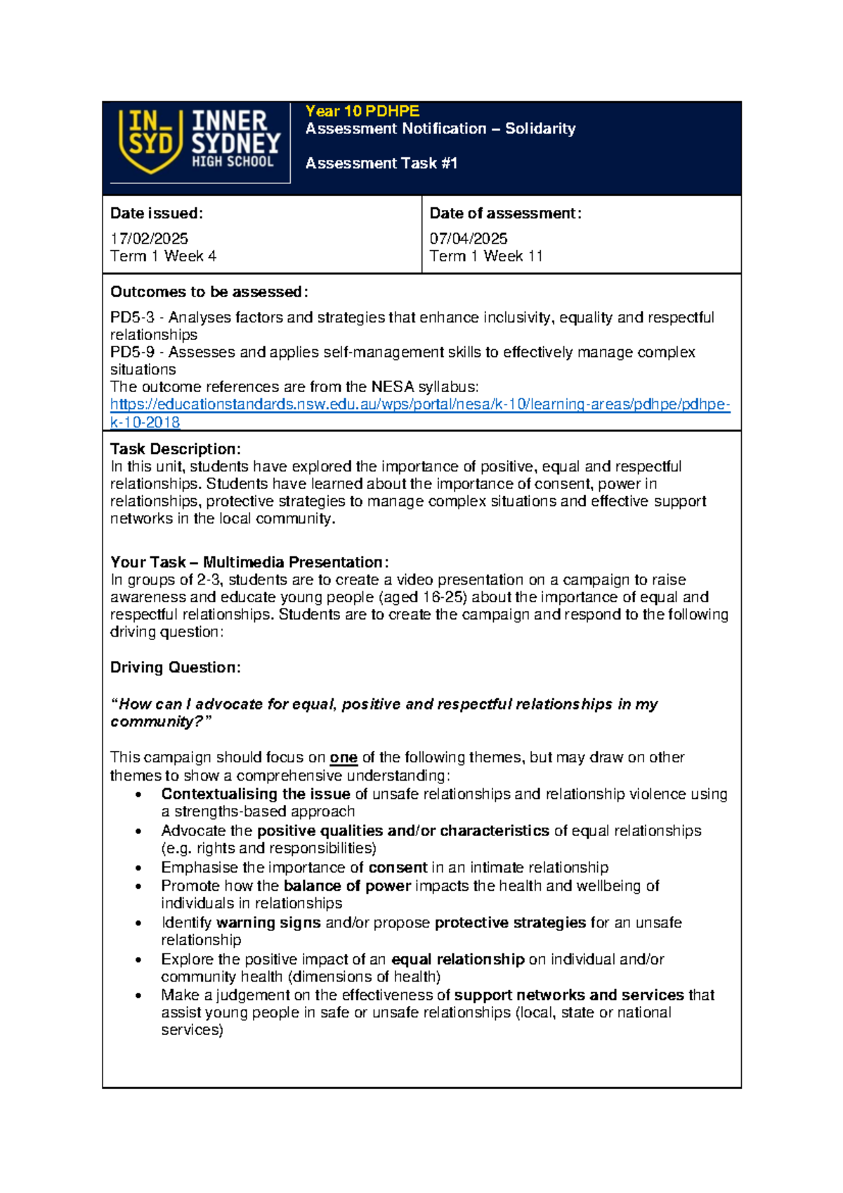 Year 10 PDHPE Assessment Task #1: Campaign for Equal Relationships ...