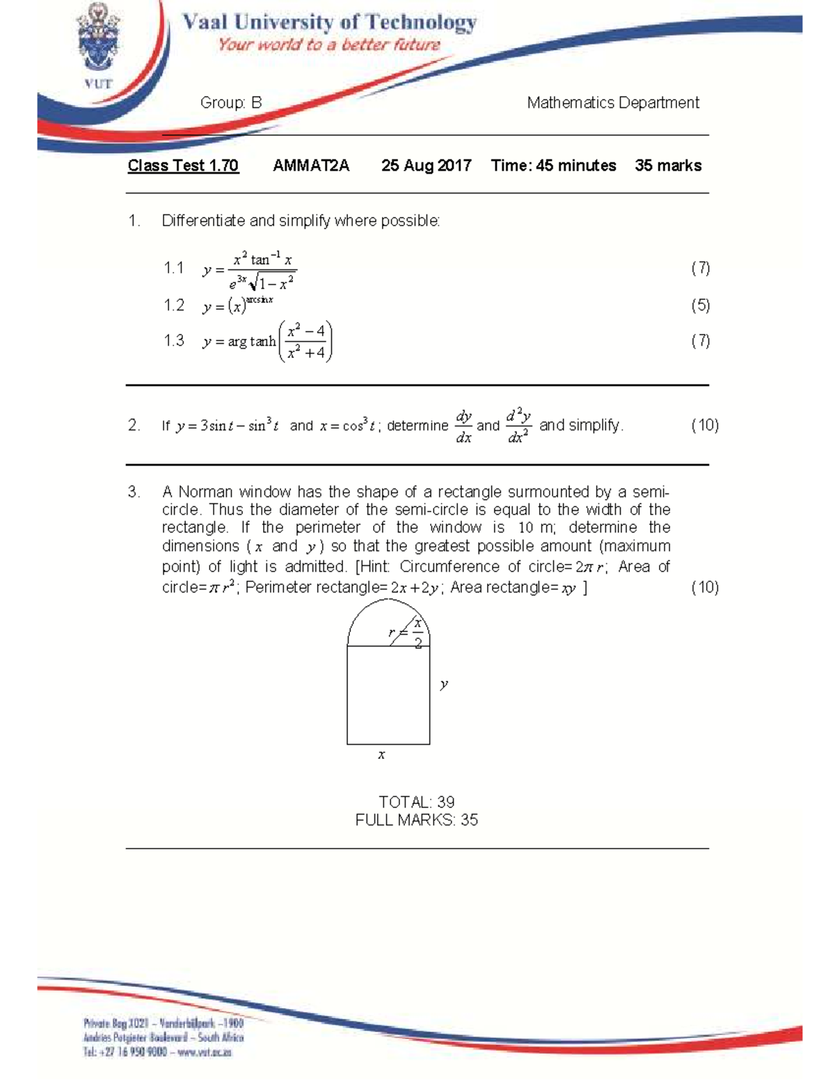 Ammat2A Class Test 1.70 - Mathematics Questions (25 Aug 2017) - Studocu