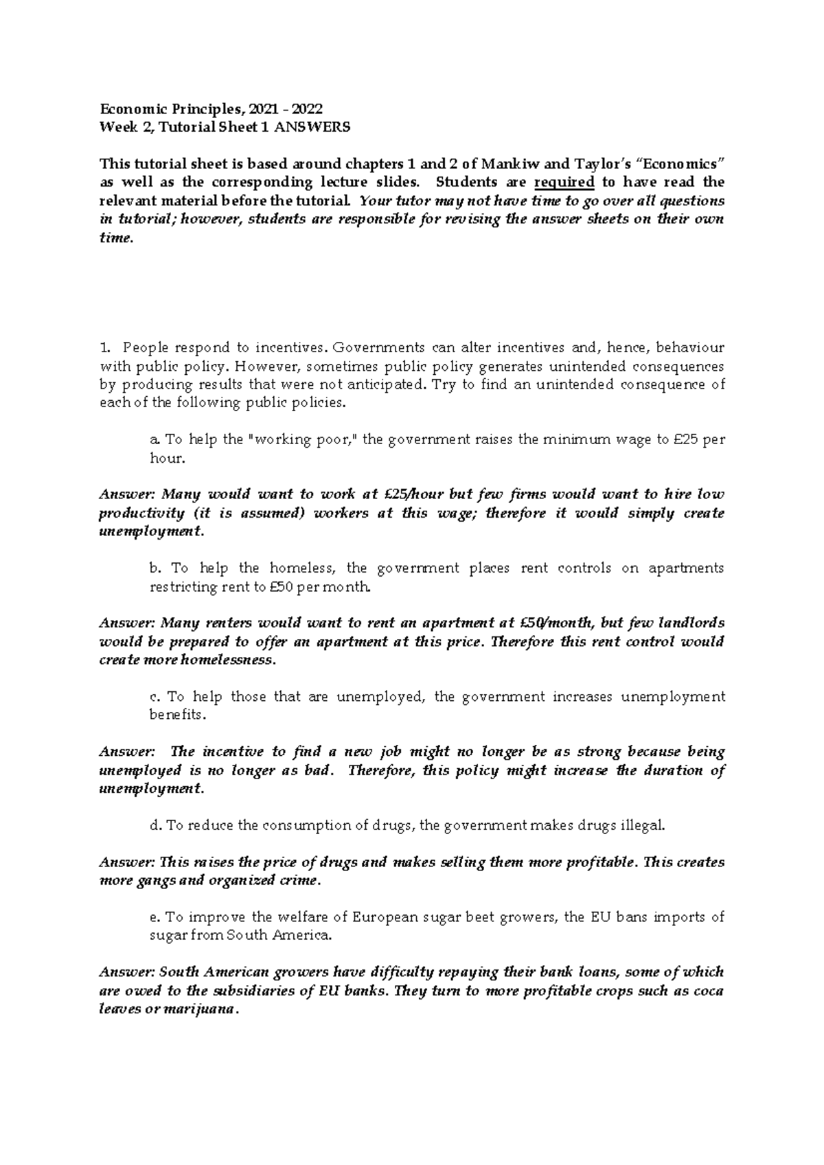 Economic Principles Tutorial 1 Answers - Economic Principles, 2021 ...