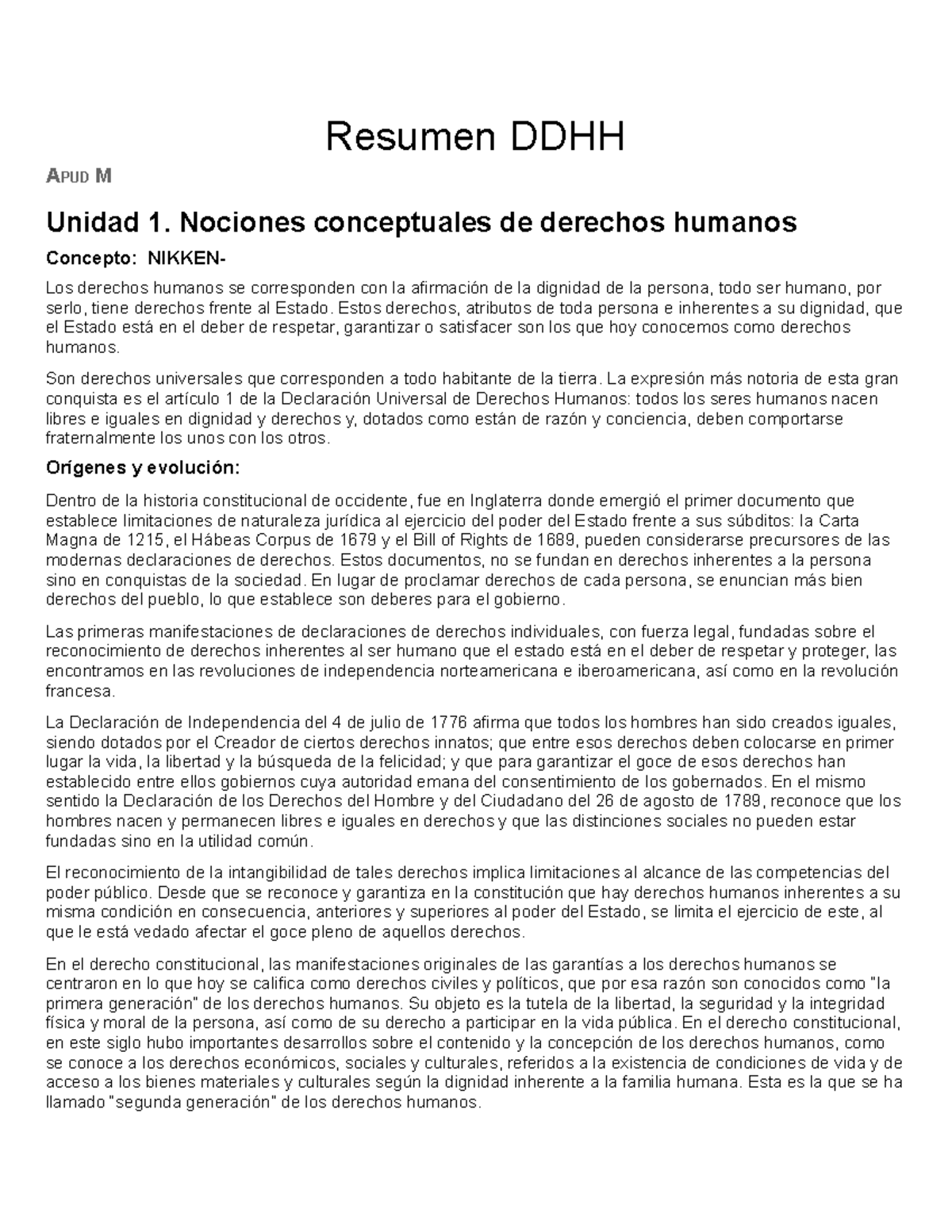 Resumen Derechos Humanos - Resumen DDHH APUD M Unidad 1. Nociones conceptuales de derechos ...
