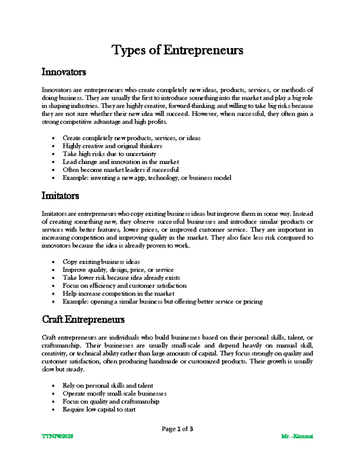 Types of Entrepreneurs: Innovators, Imitators, and More - Studocu