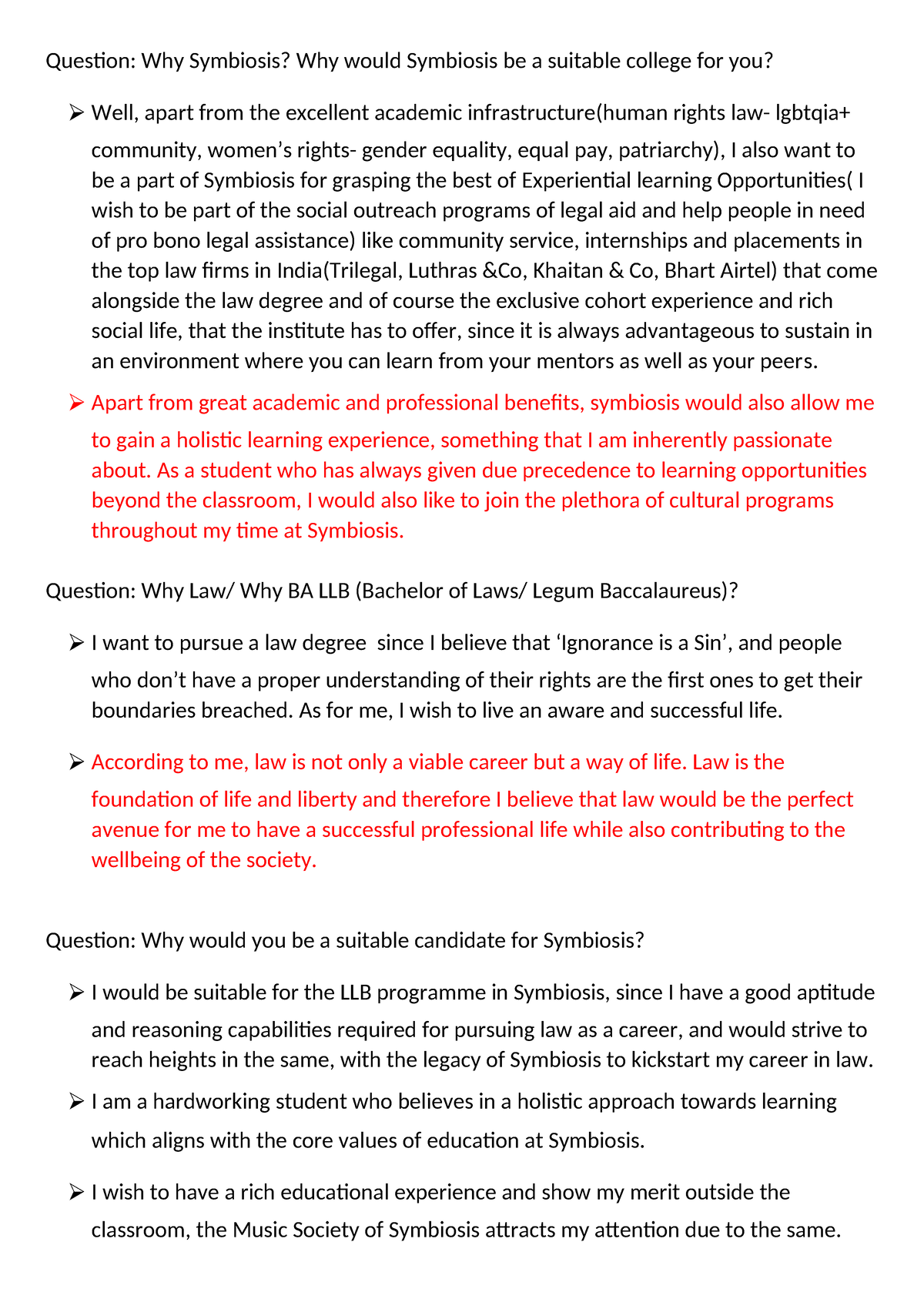 Symbiosis LLB Interview Questions and Candidate Responses - Studocu