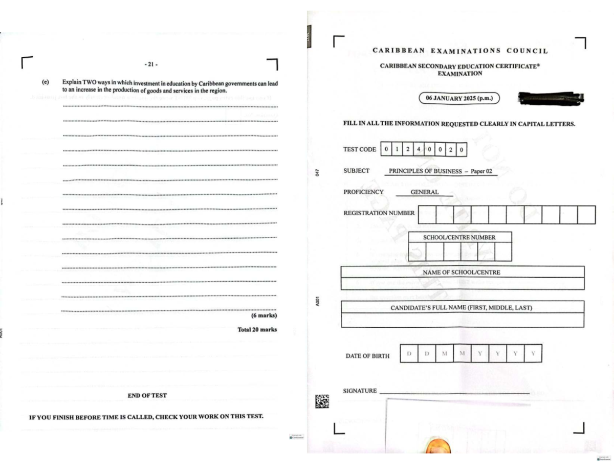 CSEC POB Paper 02 January 2025 - Exam Booklet & Guidelines - Studocu
