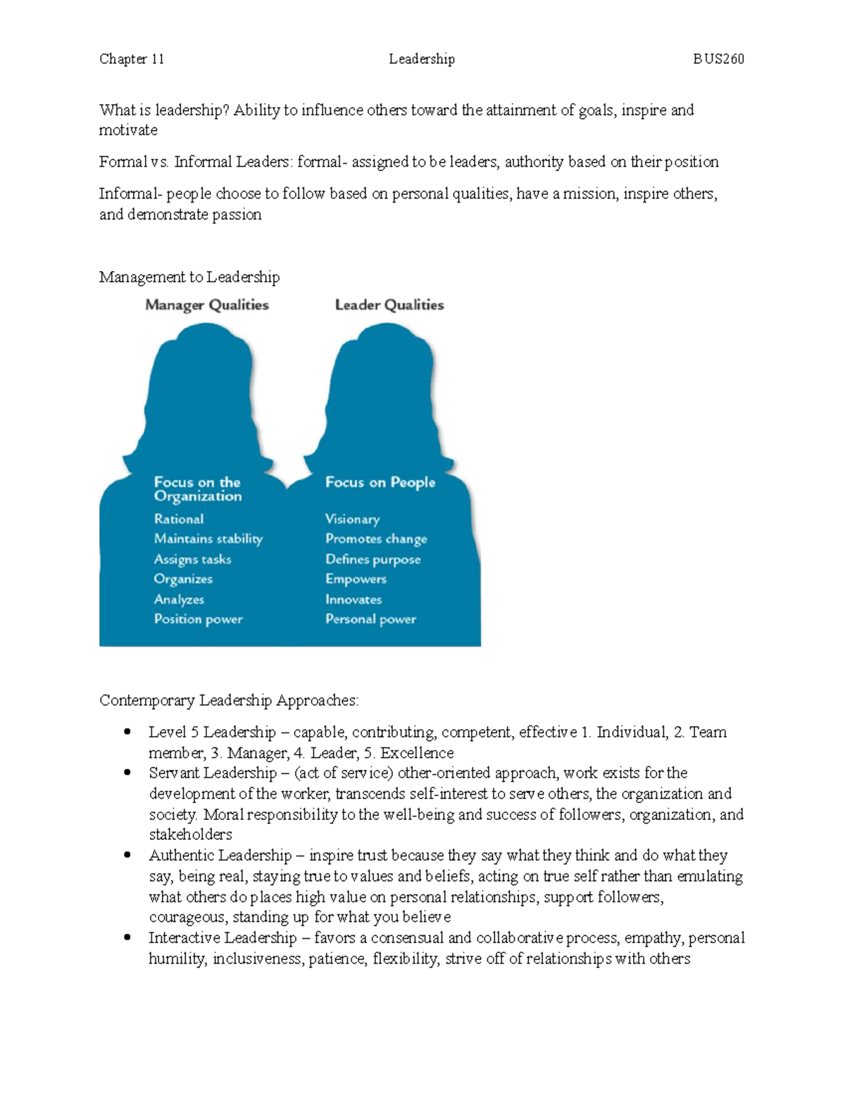 Leadership Theories and Approaches - BUS260 Chapter 11 Notes - Chapter ...