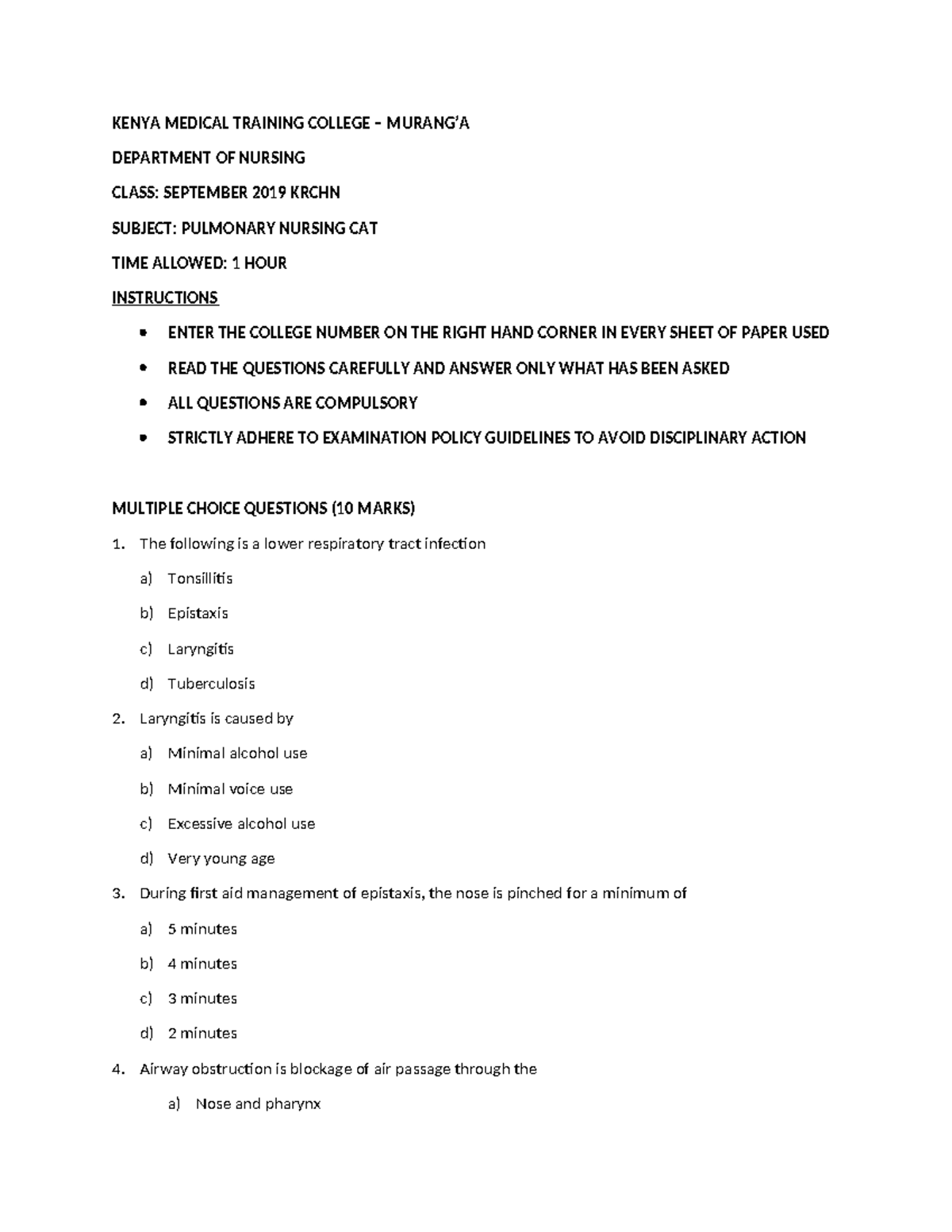 Pulmonary Nursing CAT – KRCHN Sep 2019 Exam Questions & Guidelines ...