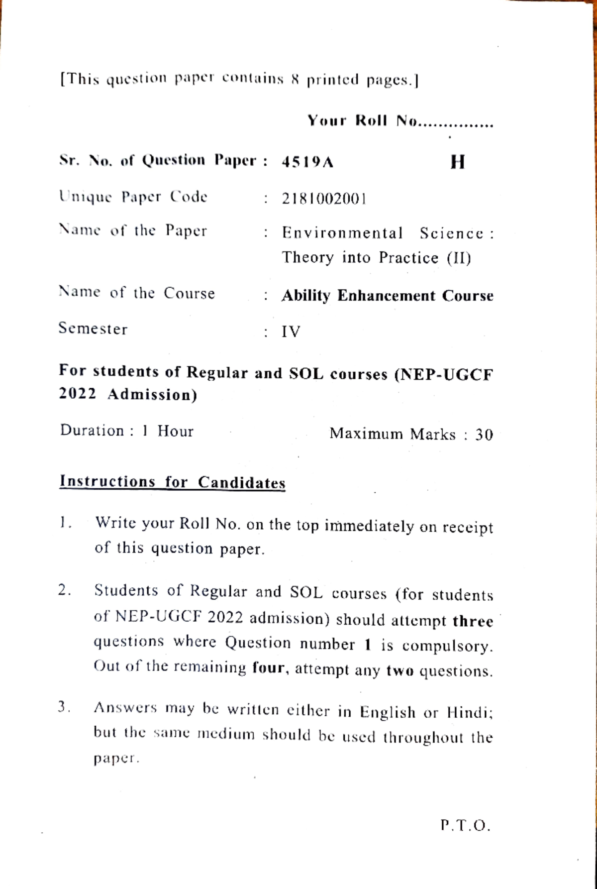 EVS 4519A Environmental Science Question Paper - 2nd Year Exam - Studocu