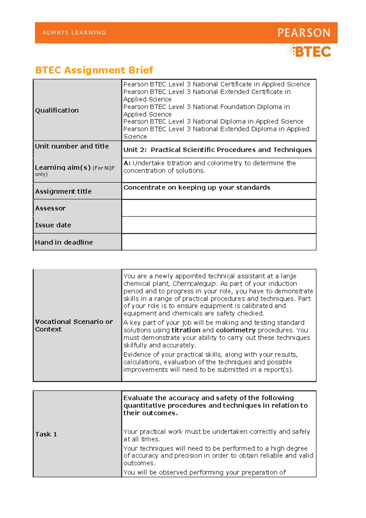 BTEC Level 3 Applied Science Unit 2 Assignment Brief: Titration ...