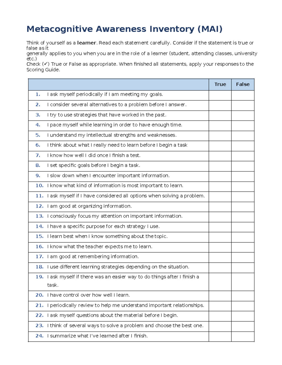 Metacognitive Awareness Inventory (MAI) Assessment Guide - Studocu
