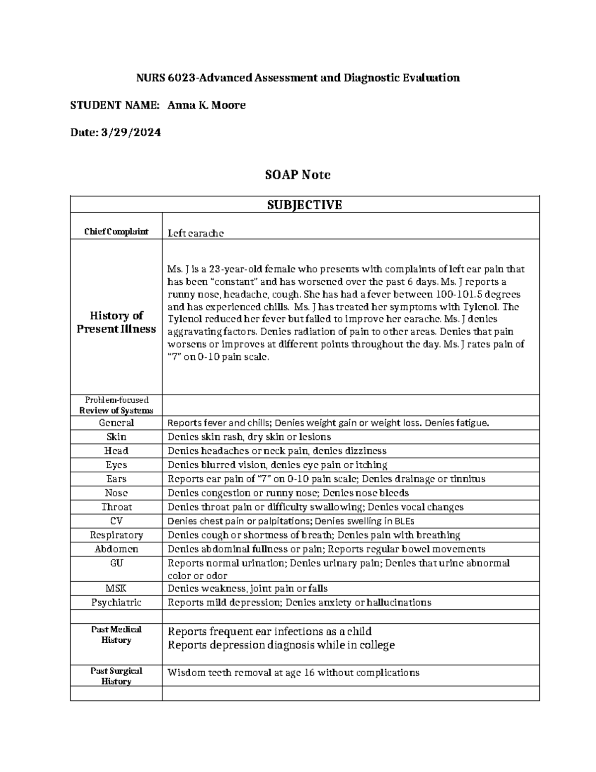 NURS 6023 SOAP Note - Case Study of Left Earache in a Young Female ...